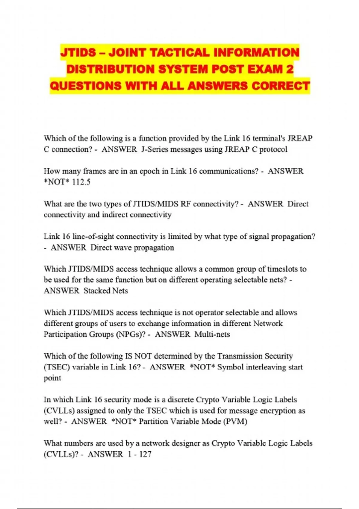 JTIDS – JOINT TACTICAL INFORMATION DISTRIBUTION SYSTEM POST EXAM 2 ...