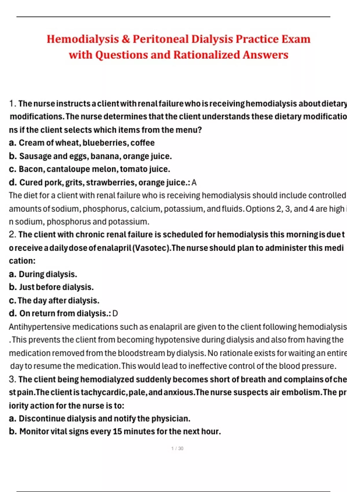 Hemodialysis & Peritoneal Dialysis Practice Exam with Questions and ...