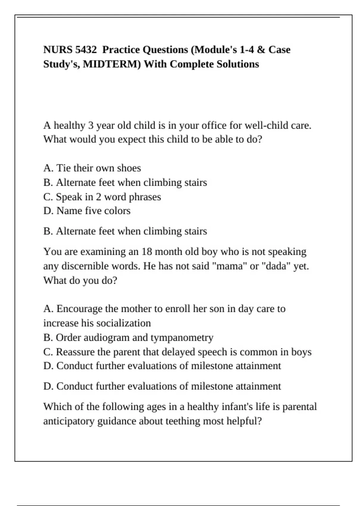 NURS 5432 University Of Texas - Arlington -NURS 5432 Practice Questions (Module's 1-4 & Case ...