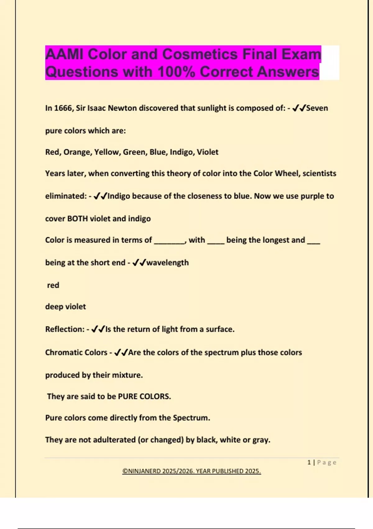 AAMI Color and Cosmetics Final Exam Questions with 100% Correct Answers ...