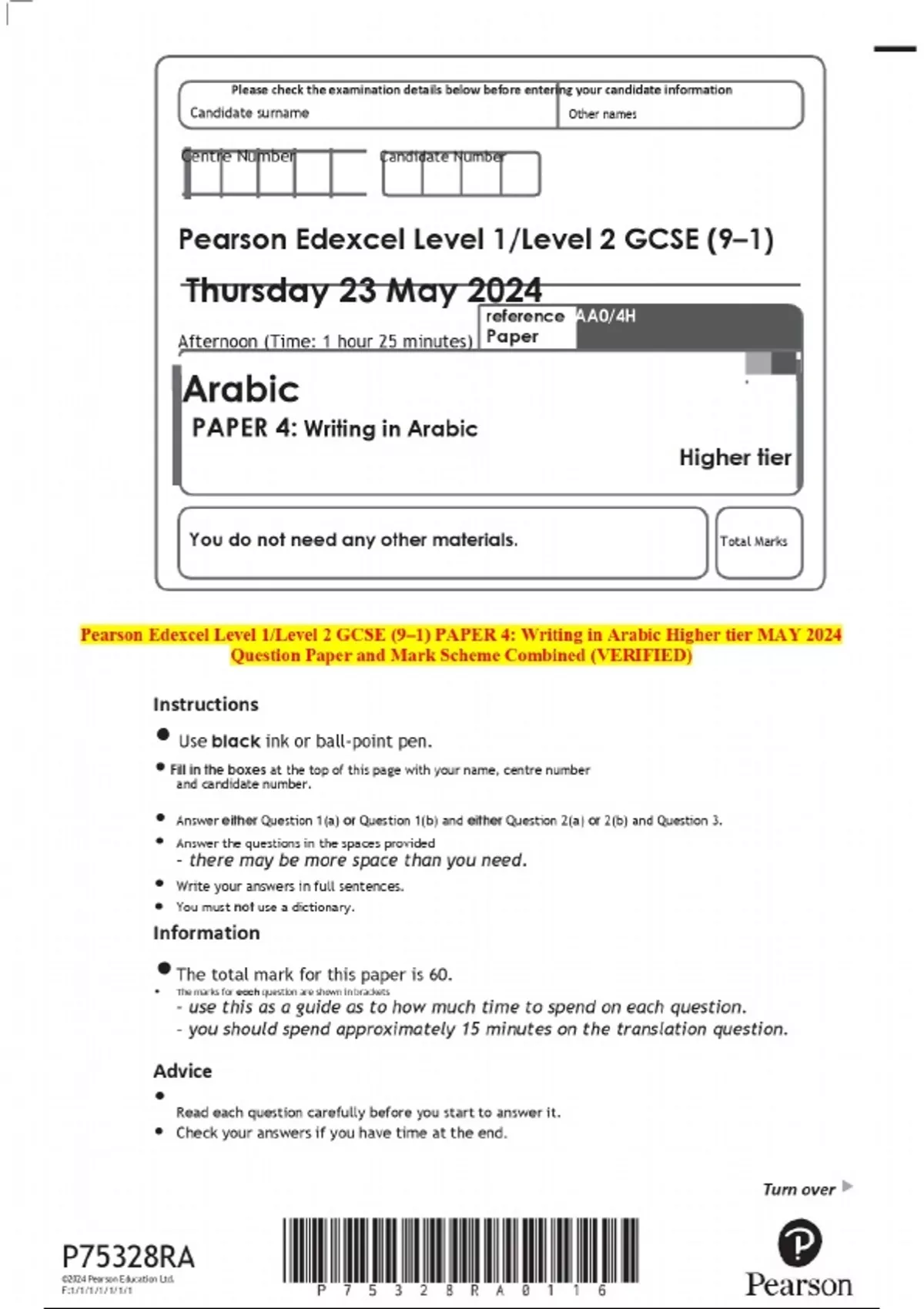 Pearson Edexcel Level 1/Level 2 GCSE (9–1) PAPER 4: Writing in Arabic ...