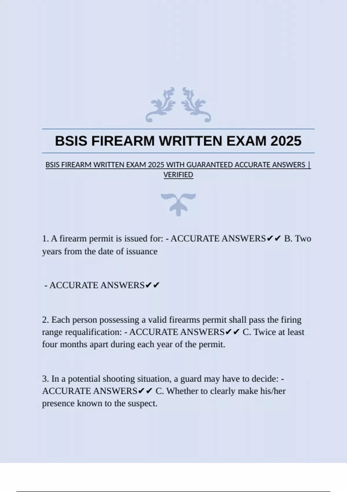 BSIS FIREARM WRITTEN EXAM 2025 WITH GUARANTEED ACCURATE ANSWERS ...