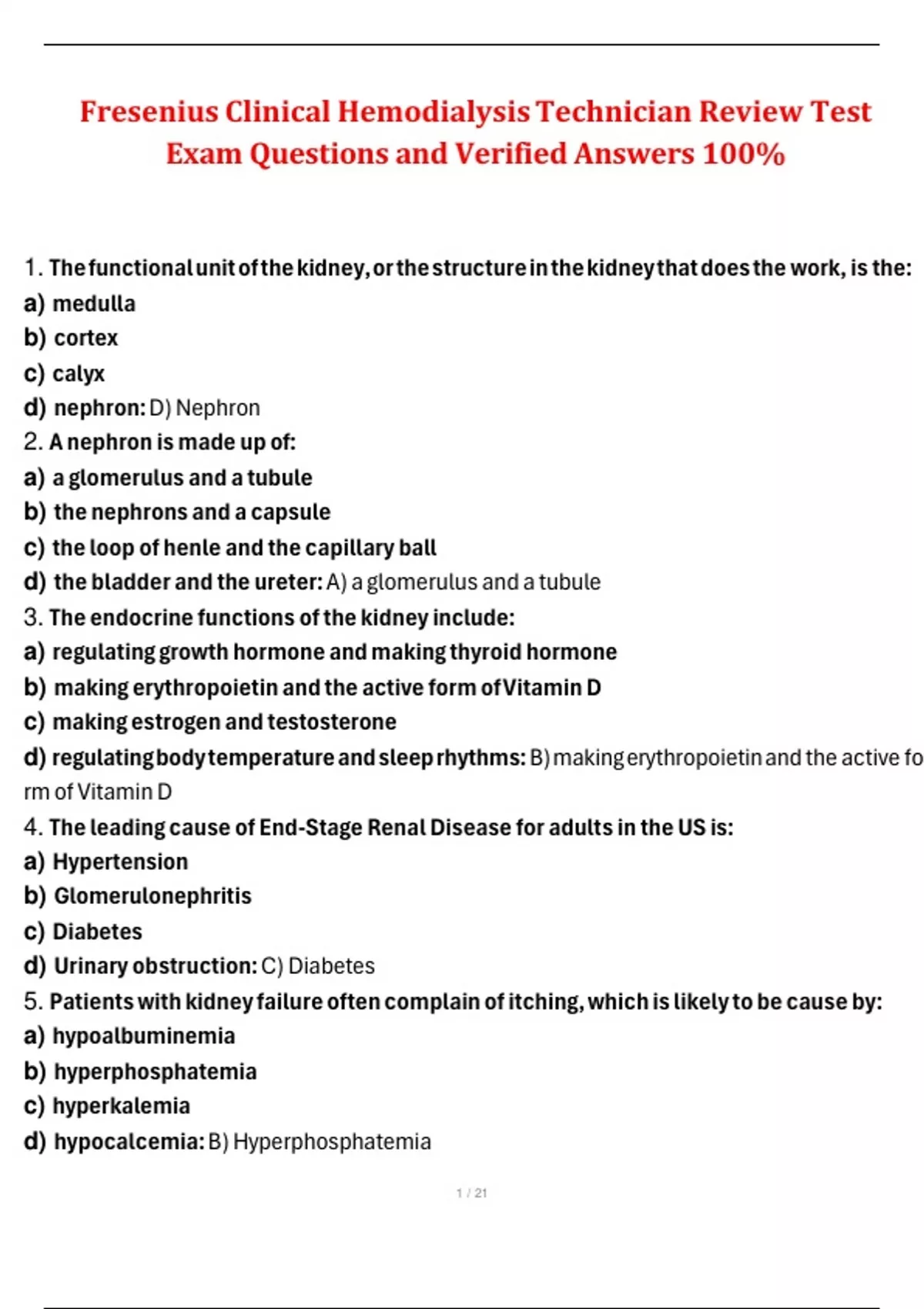 Fresenius Clinical Hemodialysis Technician Review Test Exam Questions ...