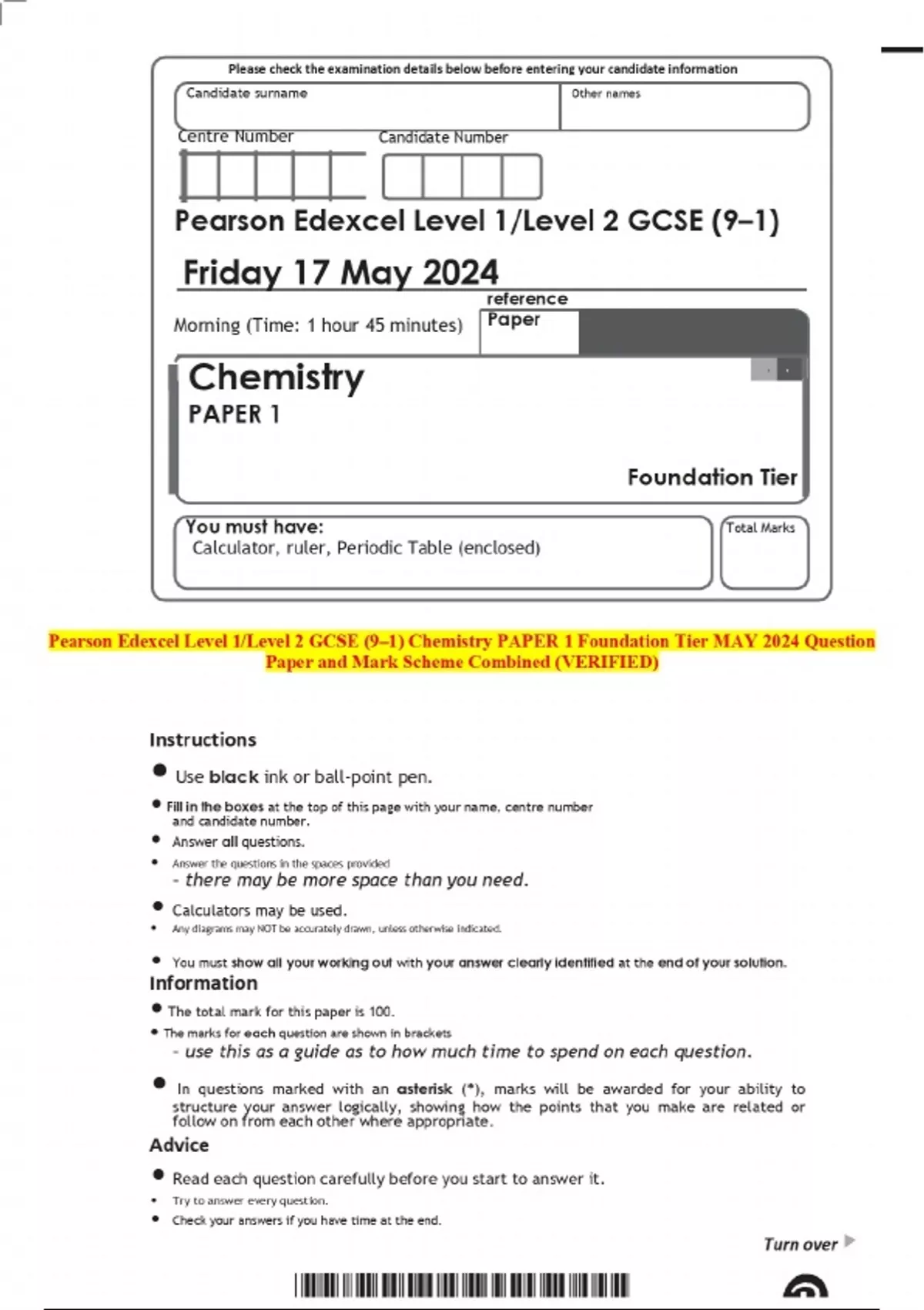 Pearson Edexcel Level 1/Level 2 GCSE (9–1) Chemistry PAPER 1 Foundation ...