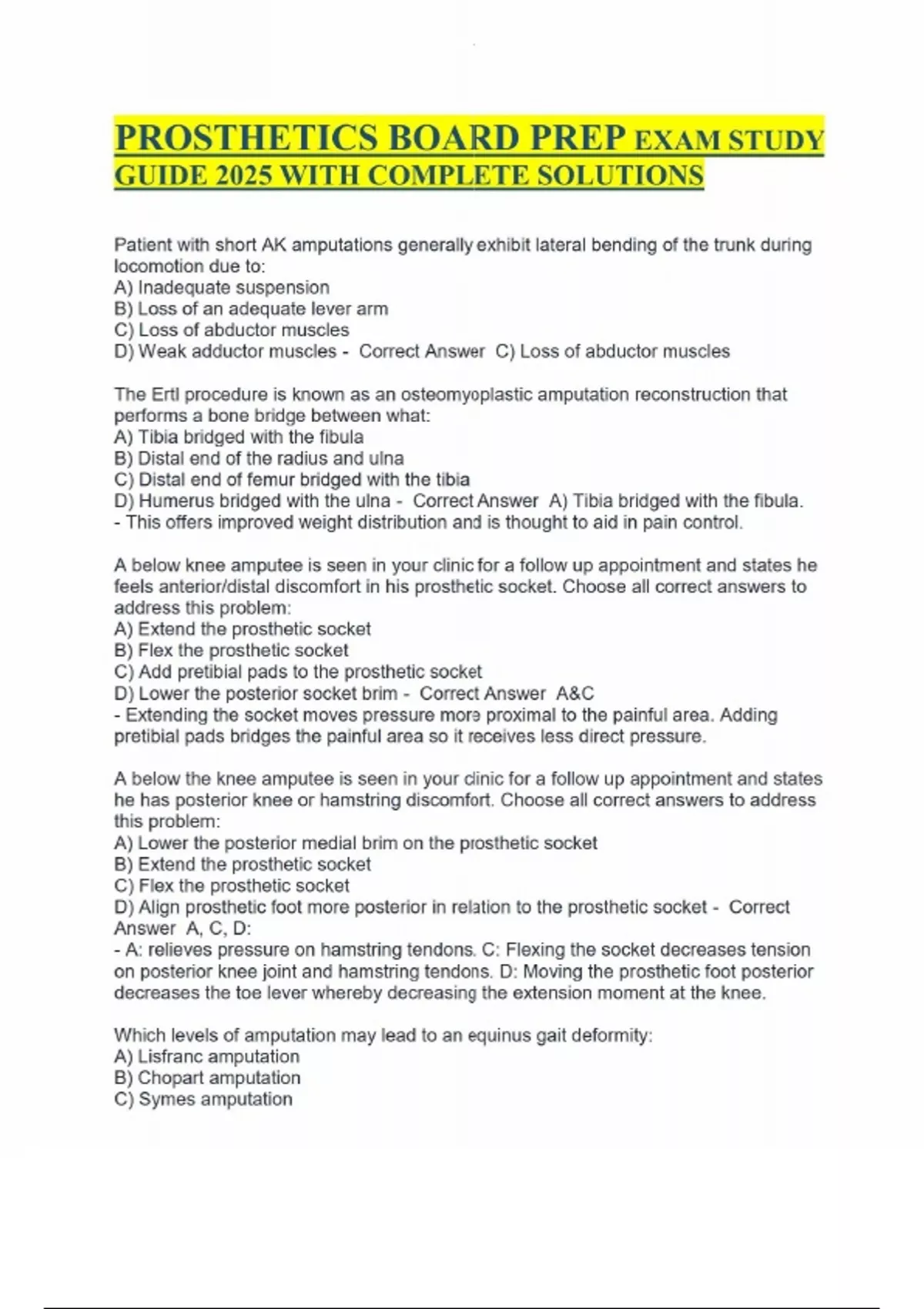 PROSTHETICS BOARD PREP EXAM STUDY GUIDE 2025 WITH COMPLETE SOLUTIONS ...