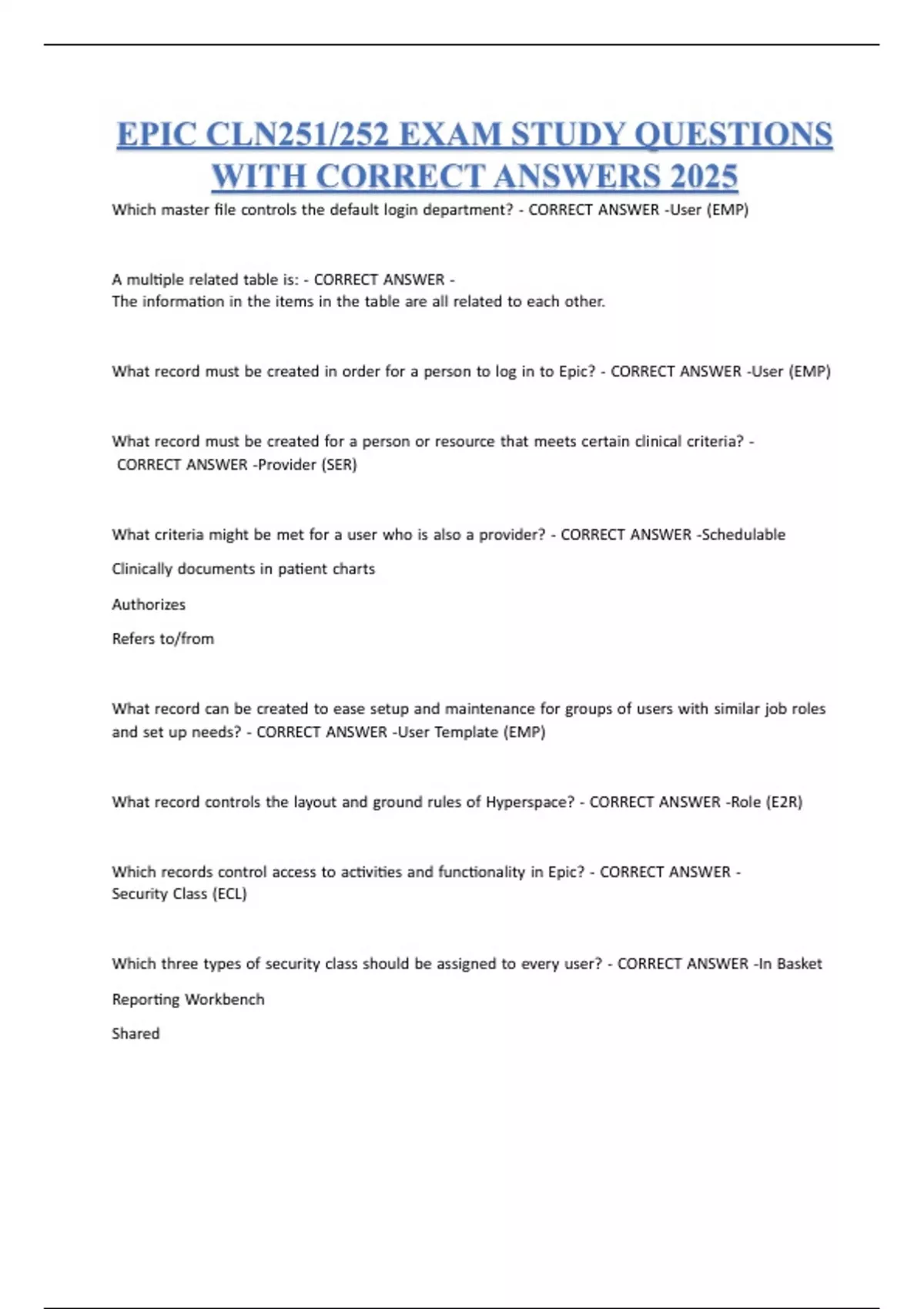 EPIC CLN251-252 EXAM STUDY QUESTIONS WITH CORRECT ANSWERS 2025 - EPIC ...