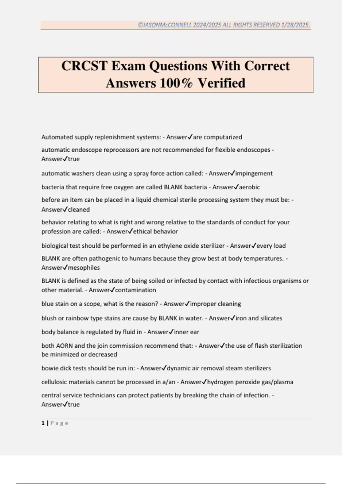 CRCST Exam Questions With Correct Answers 100% Verified - CRCST - Stuvia US