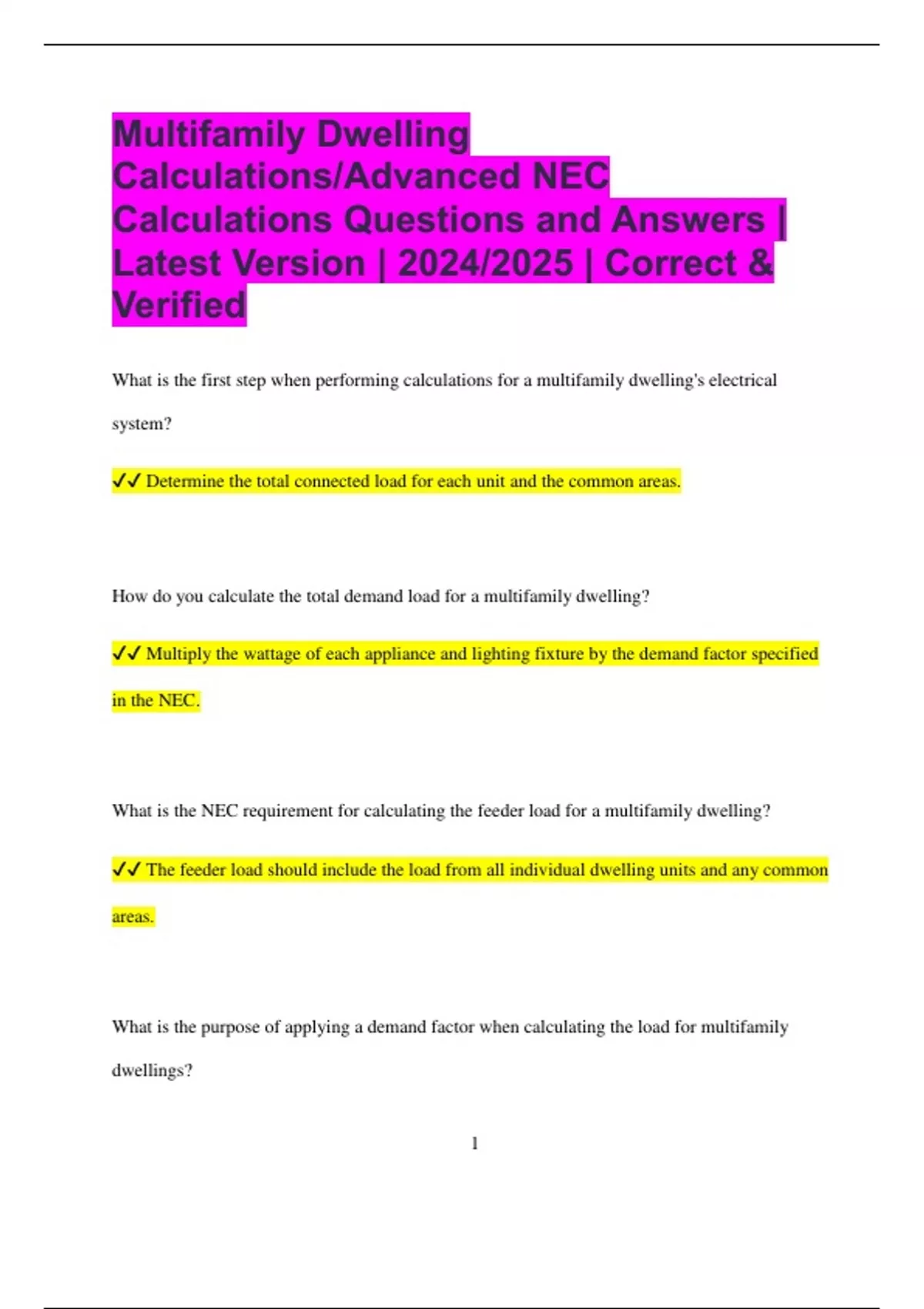 Multifamily Dwelling Calculations/Advanced NEC Calculations Questions ...