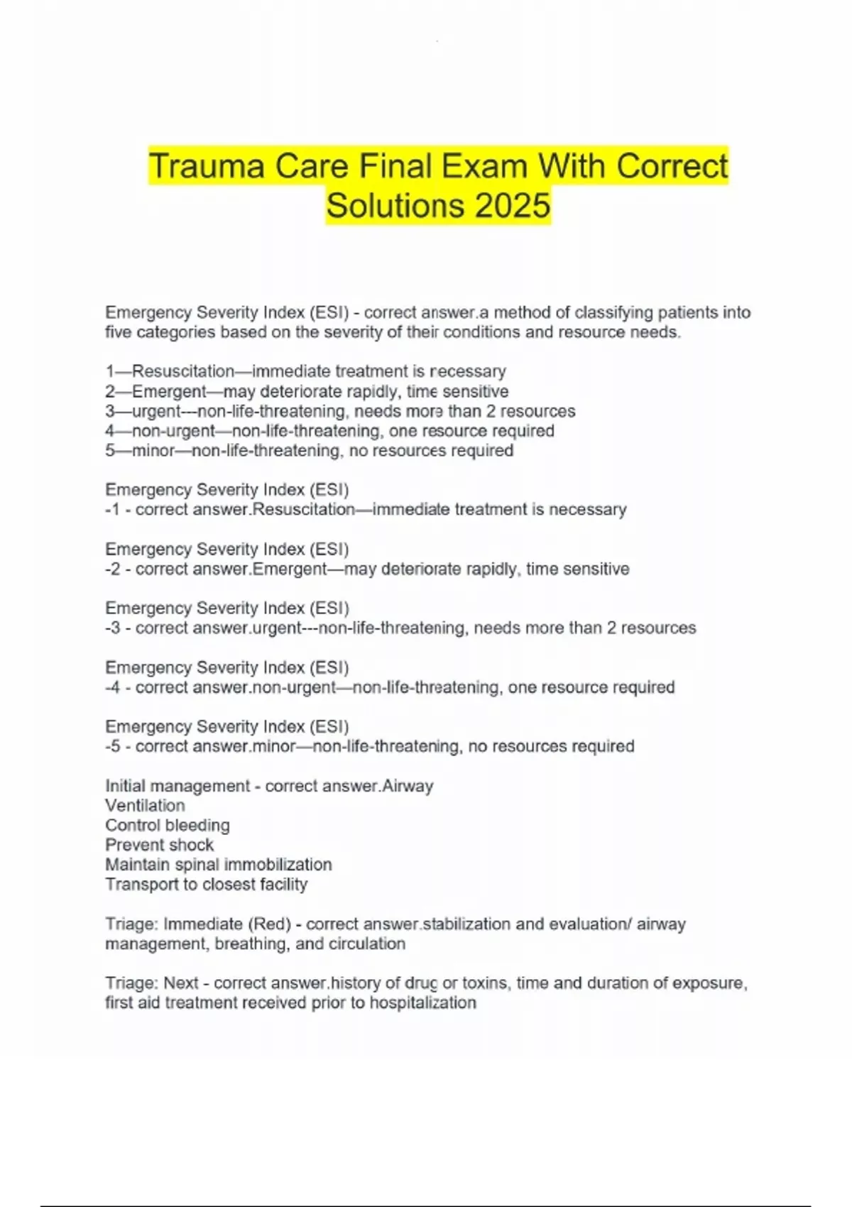 Trauma Care Final Exam With Correct Solutions 2025 - Trauma Care ...