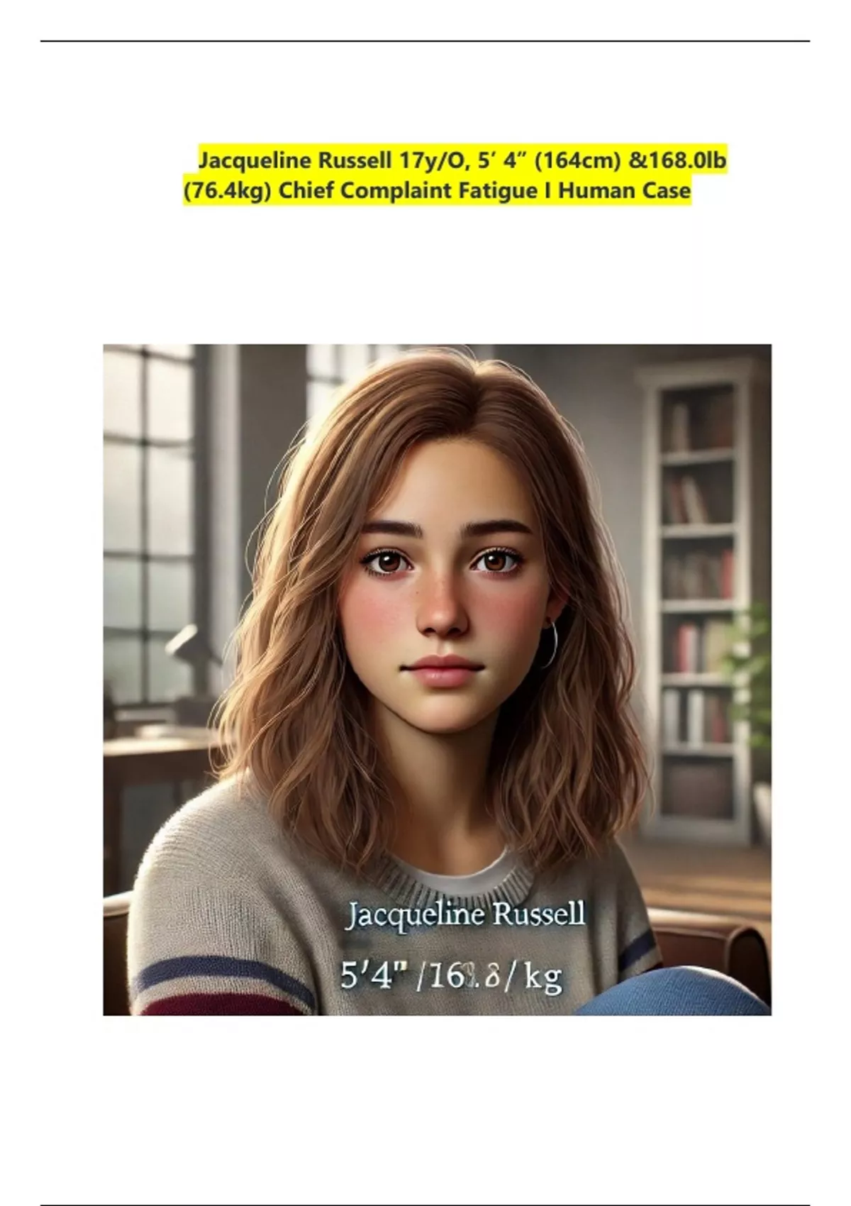 Jacqueline Russell 17y/O, 5’ 4” (164cm) &168.0lb (76.4kg) Chief Complaint Fatigue I Human Case ...