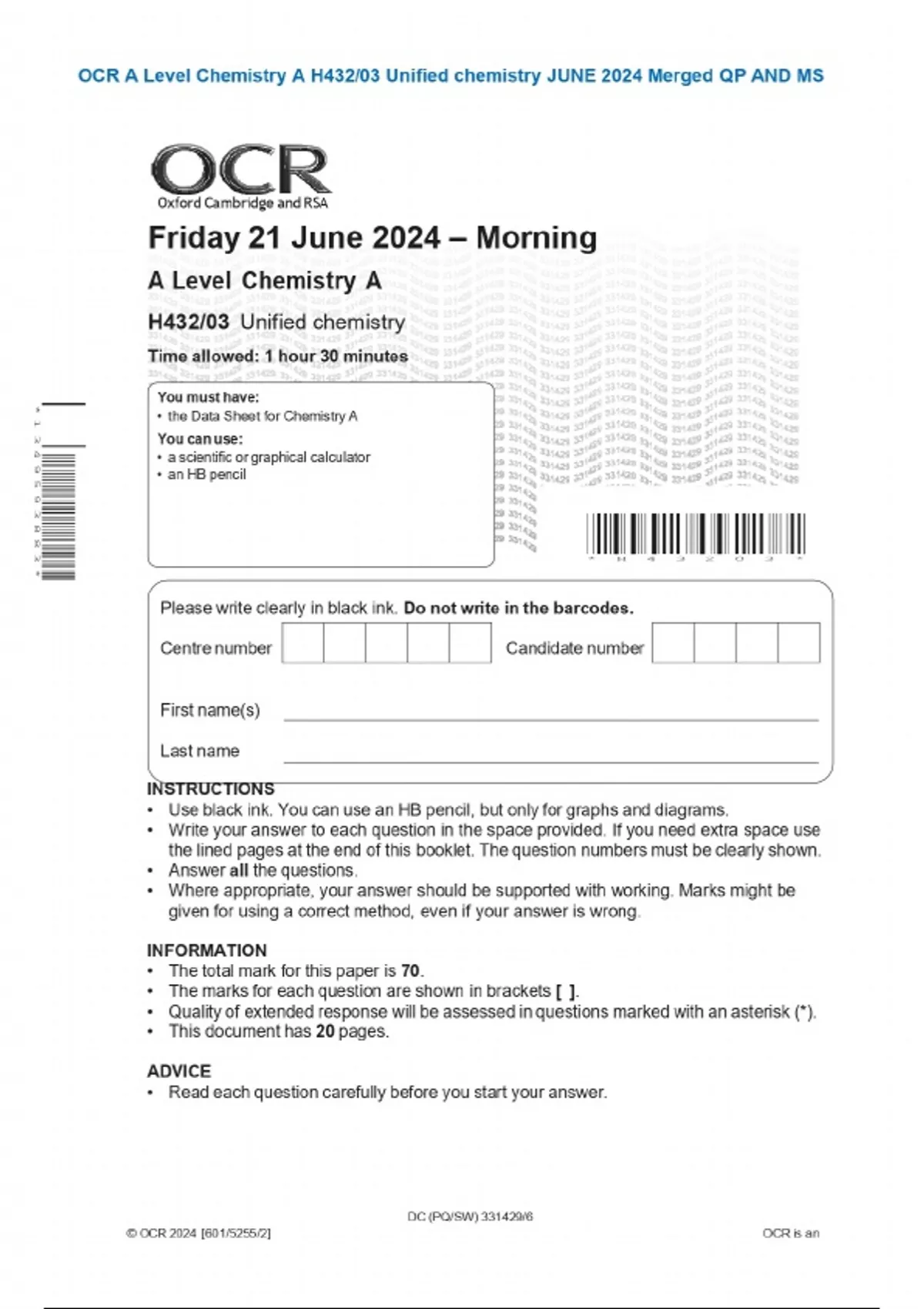 OCR A Level Chemistry A H432/03 Unified chemistry JUNE 2024 Merged QP ...