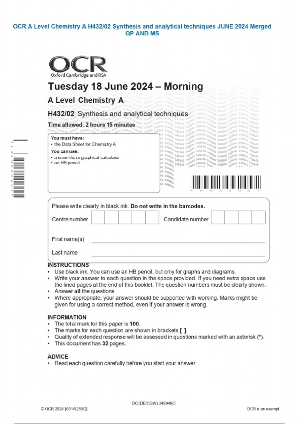 OCR A Level Chemistry A H432/02 Synthesis and analytical techniques ...
