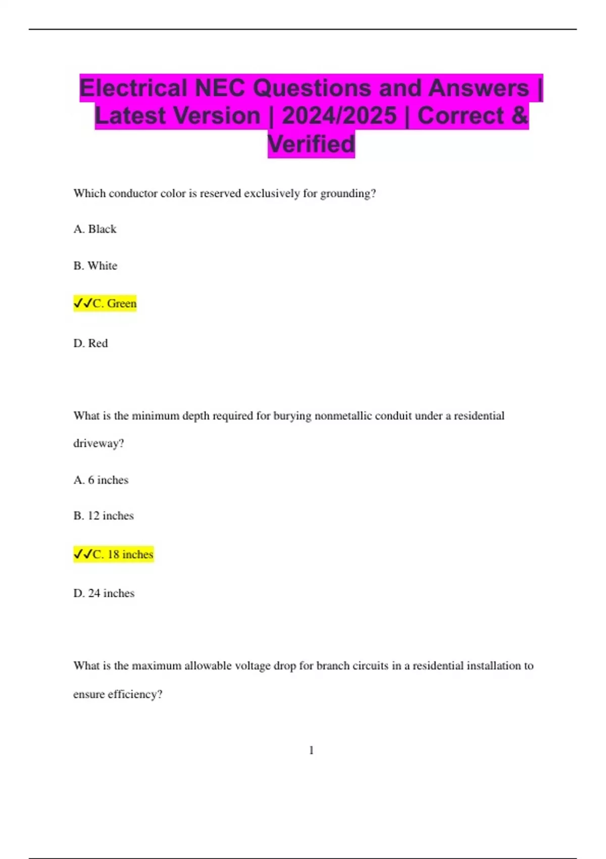 Electrical NEC Questions and Answers | Latest Version | 2024/2025 ...