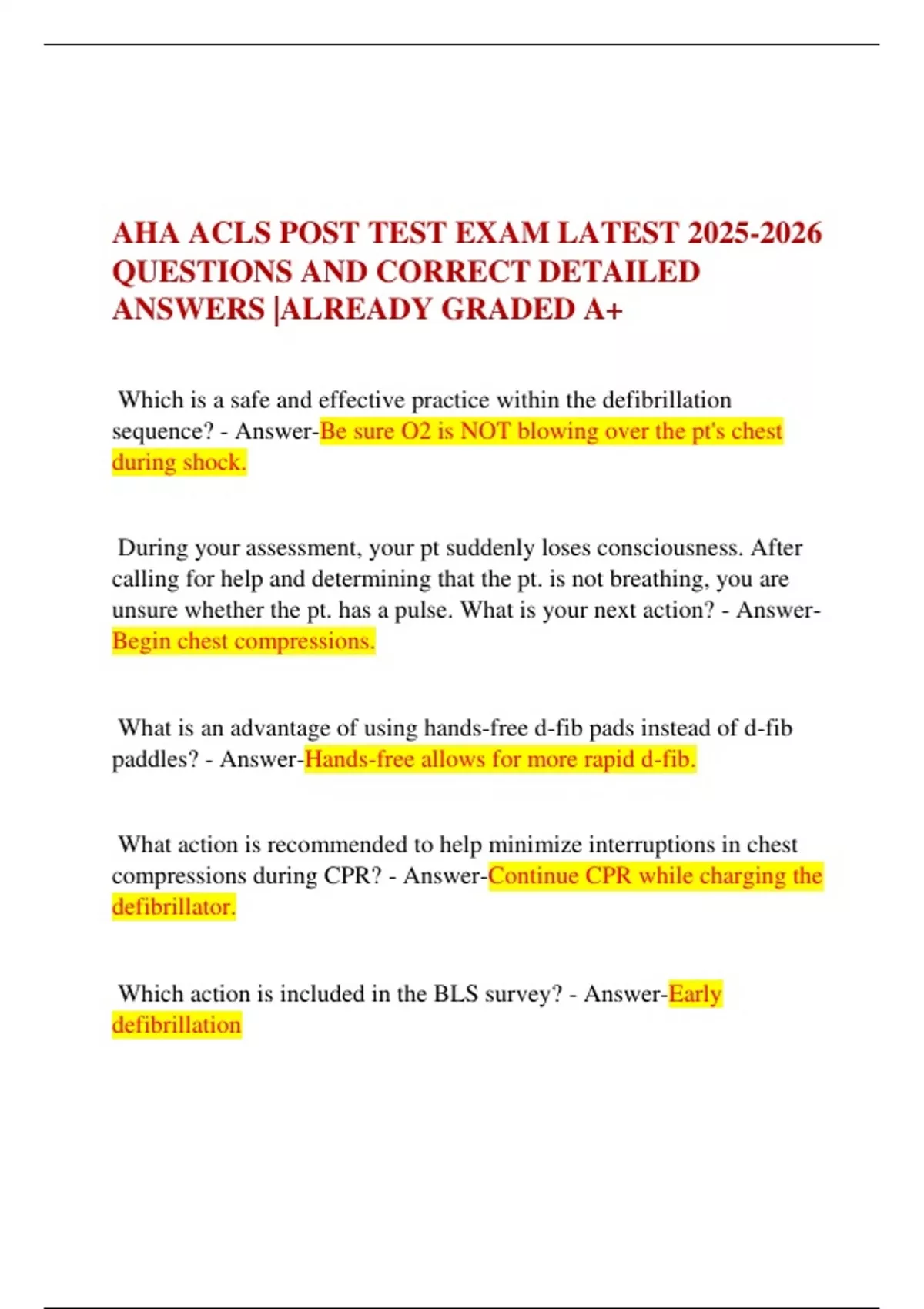AHA ACLS POST TEST EXAM LATEST QUESTIONS AND CORRECT DETAILED ANSWERS ...