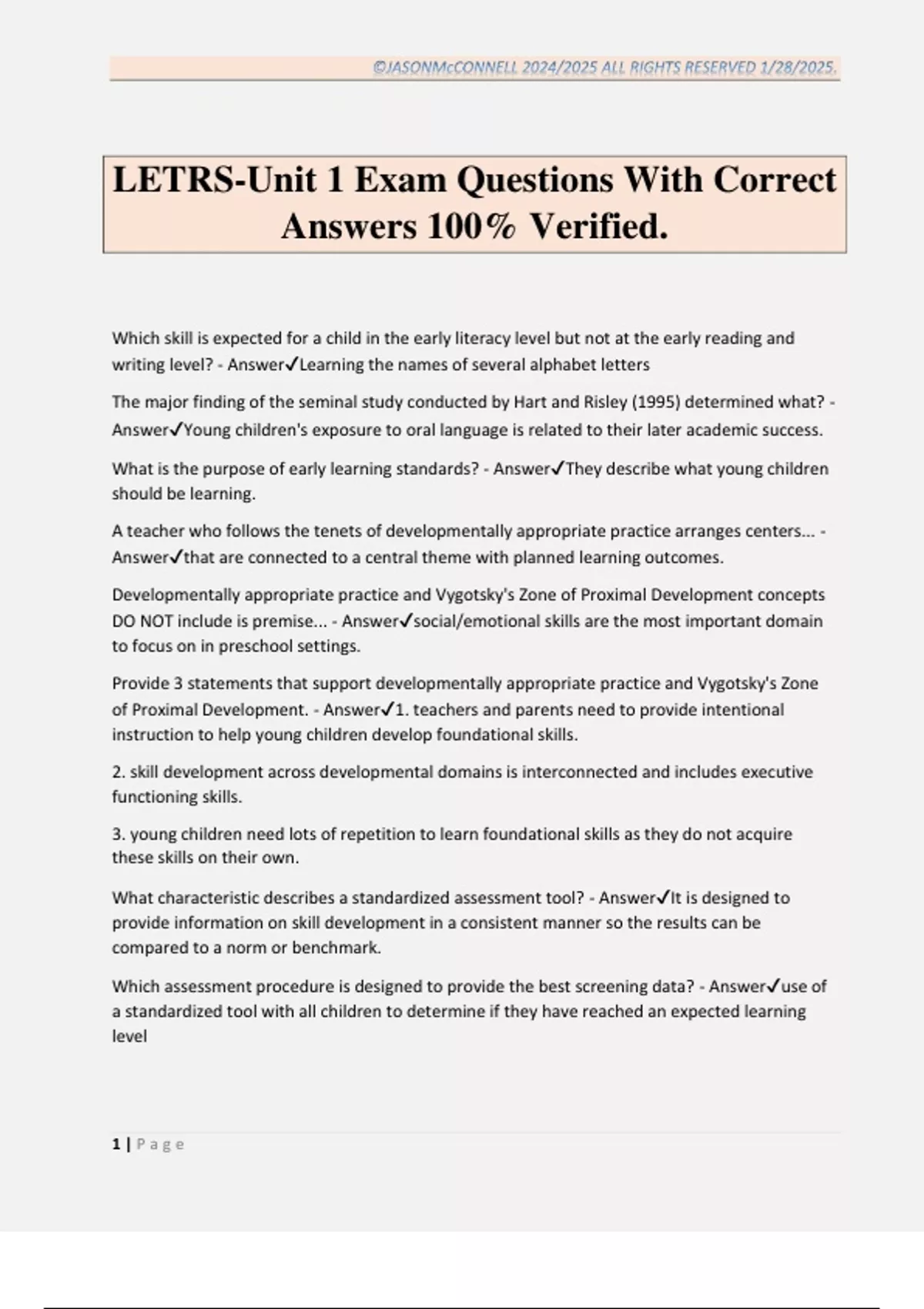 LETRS-Unit 1 Exam Questions With Correct Answers 100% Verified. - LETRS ...