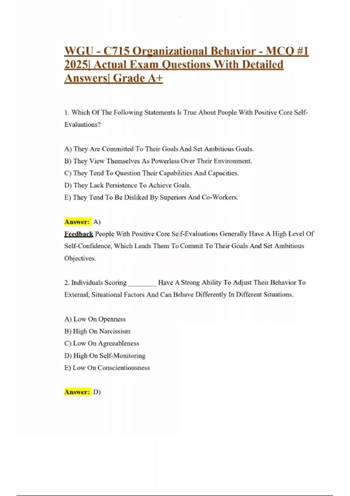 WGU - C715 Organizational Behavior - MCQ #1 2025| Actual Exam Questions ...