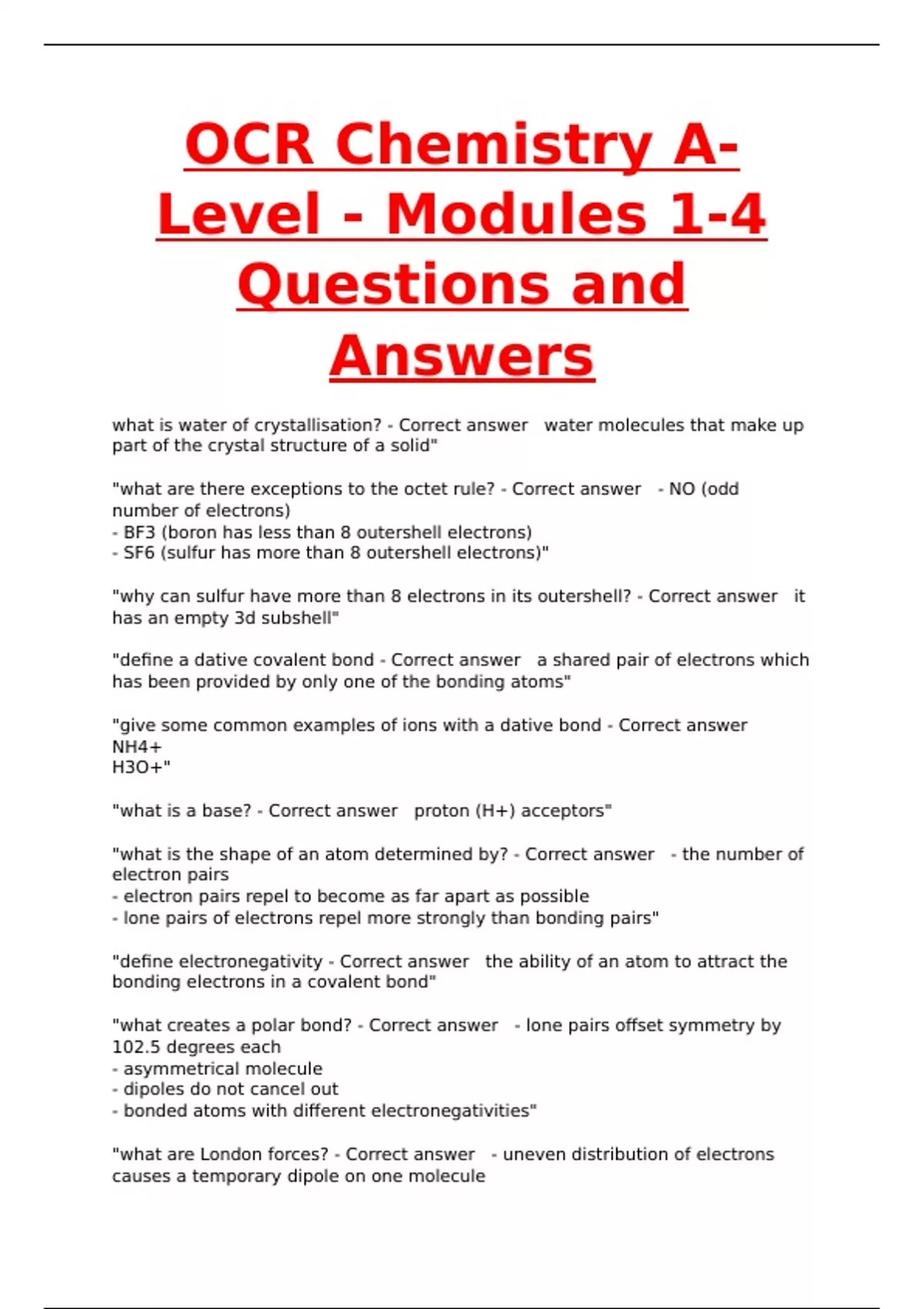 OCR Chemistry A-Level - Modules 1-4 Questions and Answers - OCR - Stuvia US