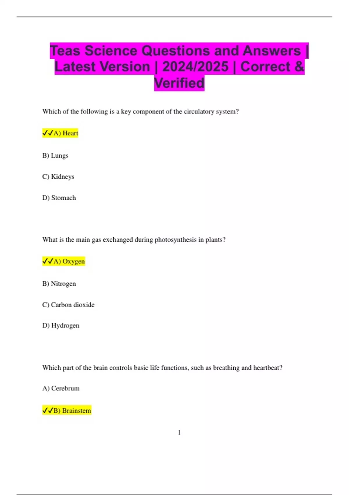 Teas Science Questions and Answers | Latest Version | 2024/2025 ...