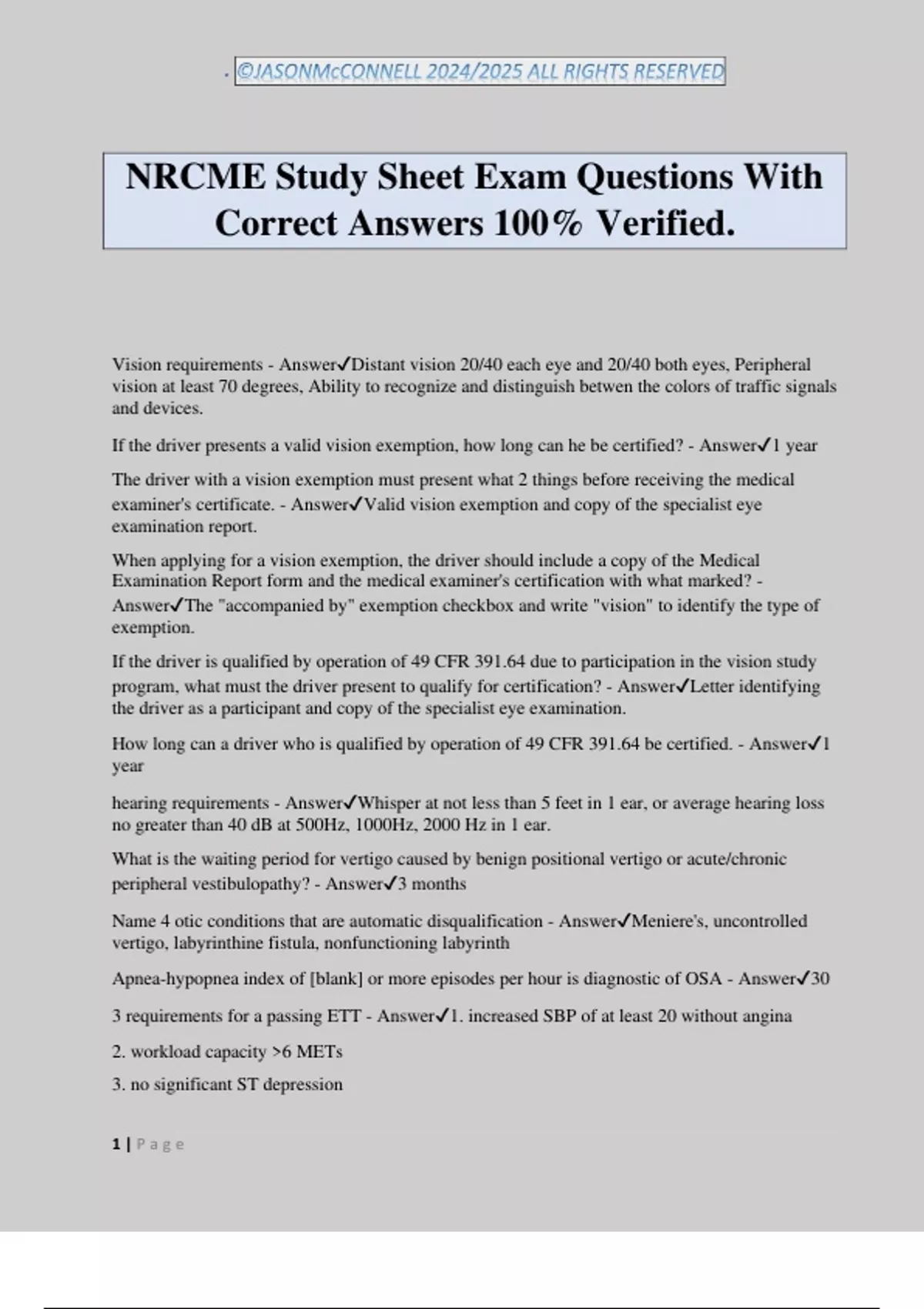 NRCME Study Sheet Exam Questions With Correct Answers 100% Verified ...
