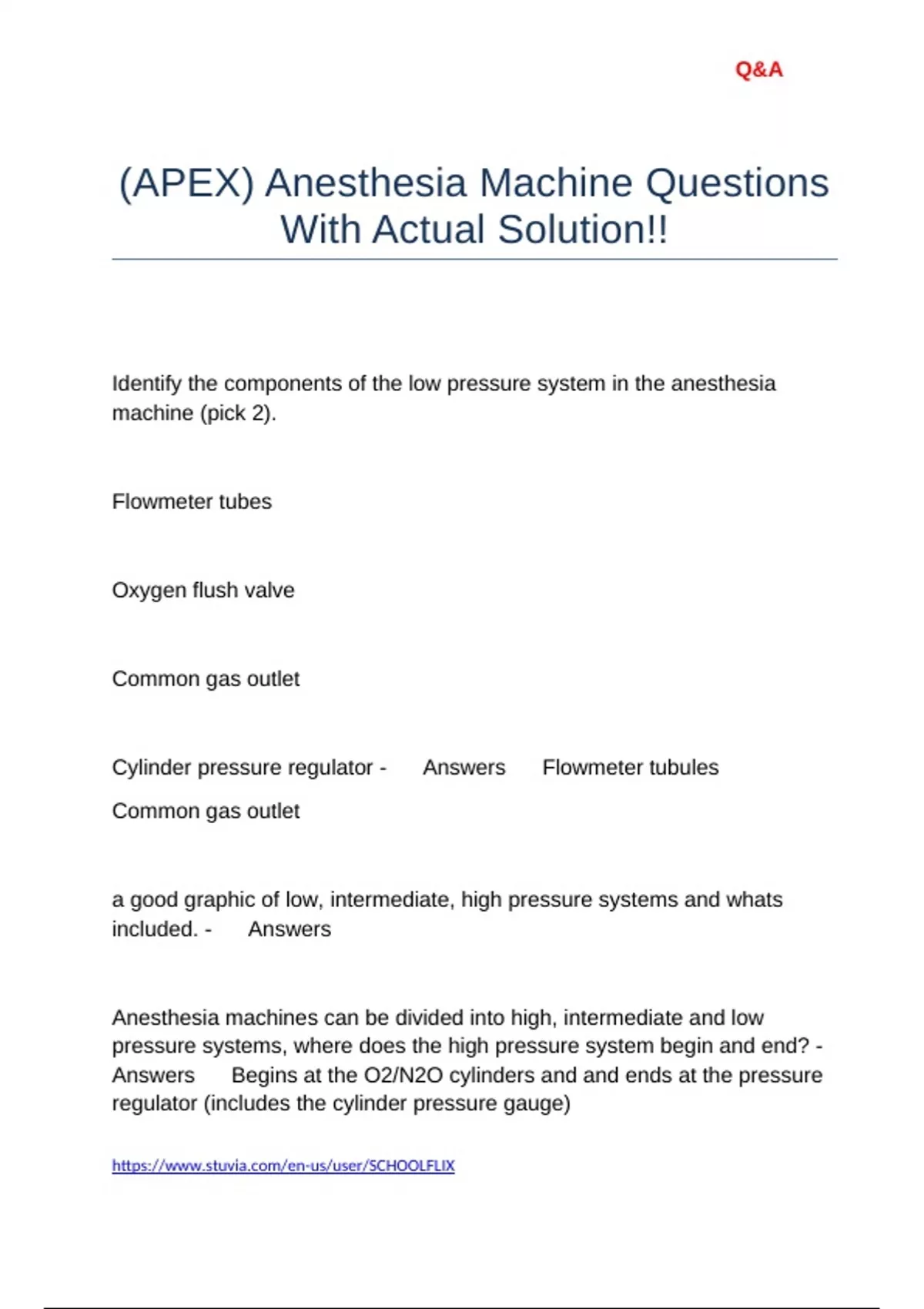 (APEX) Anesthesia Machine Questions With Actual Solution!! - APEX - Stuvia US