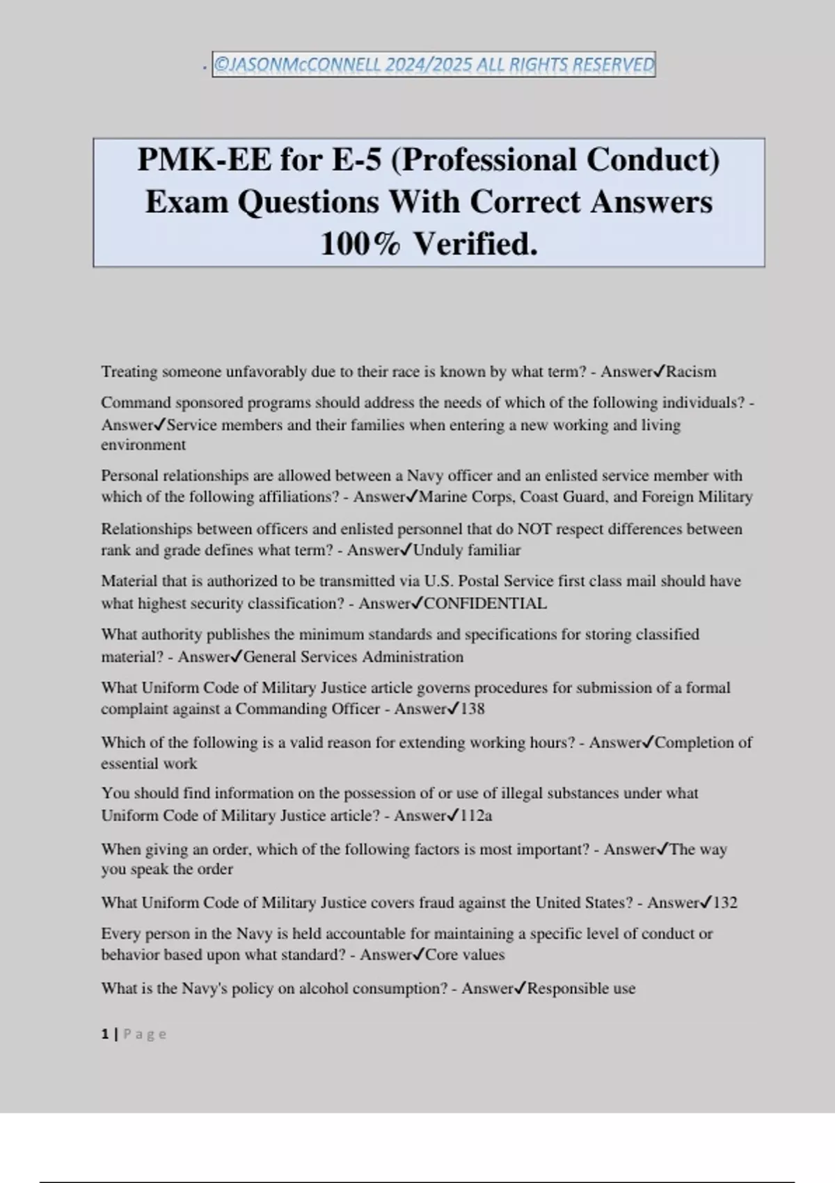 PMK-EE for E-5 (Professional Conduct) Exam Questions With Correct ...