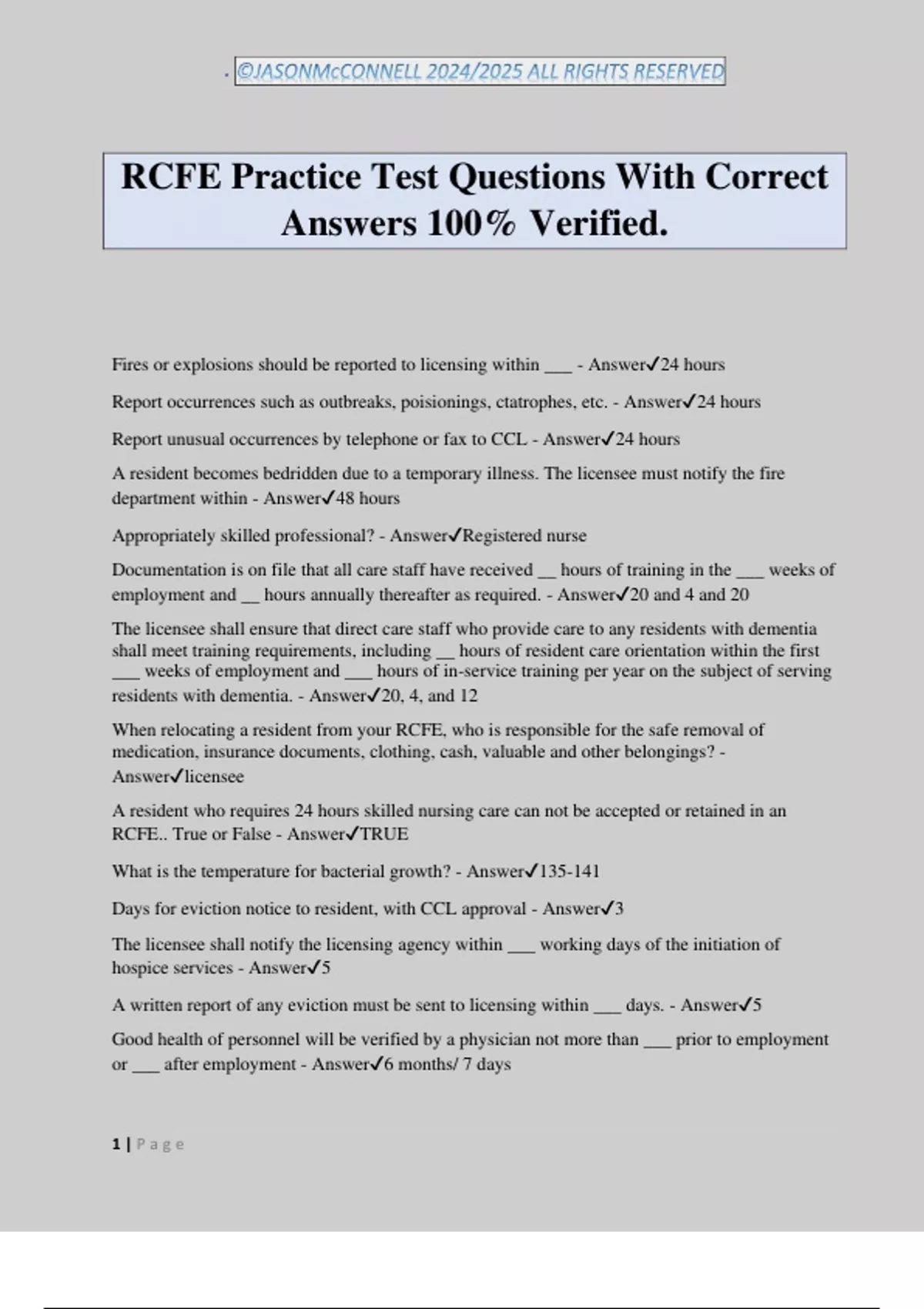 RCFE Practice Test Questions With Correct Answers 100% Verified. - RCFE ...