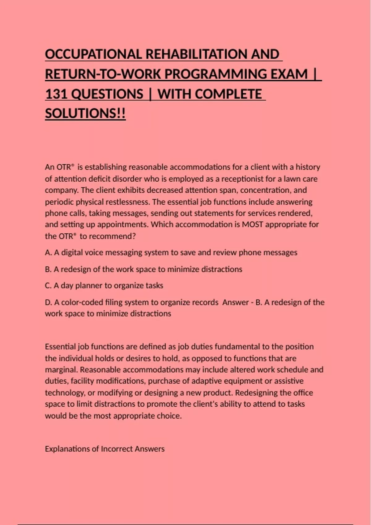 OCCUPATIONAL REHABILITATION AND RETURN-TO-WORK PROGRAMMING EXAM | 131 QUESTIONS | WITH COMPLETE ...