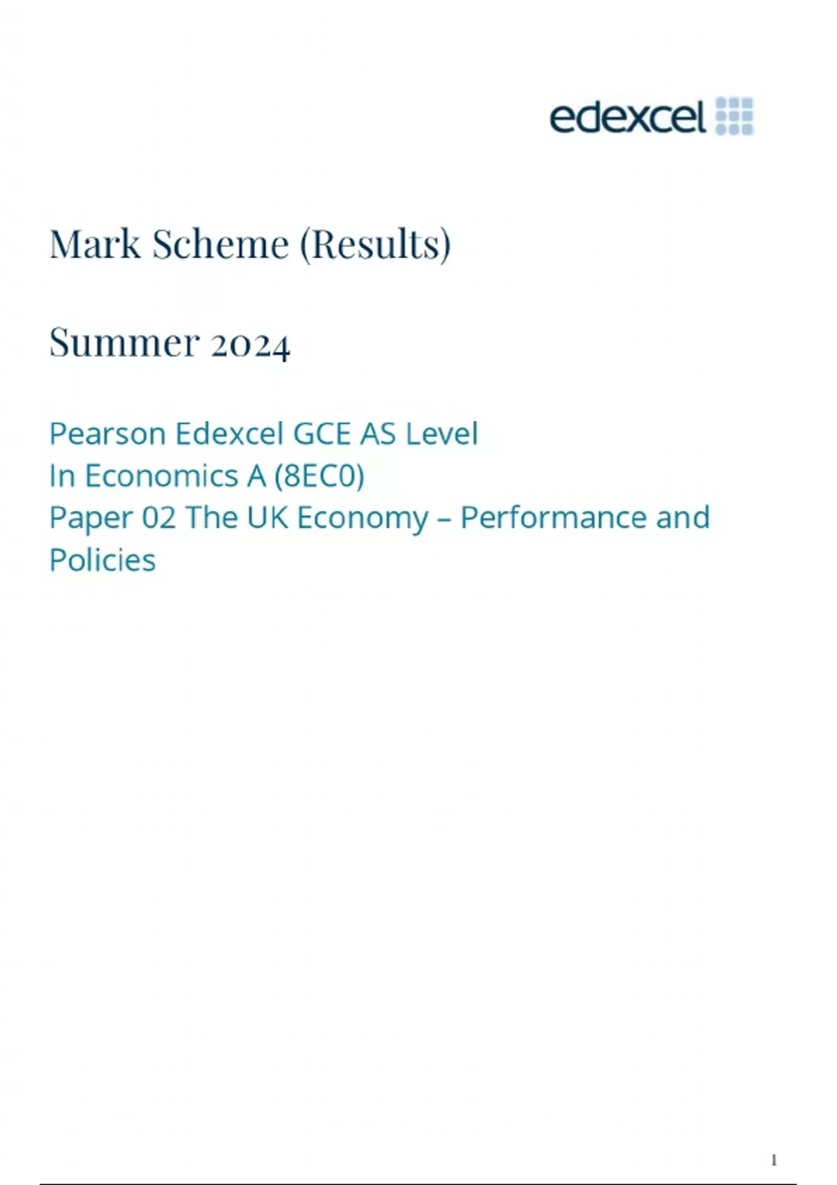 Pearson Edexcel GCE AS Level In Economics A (8EC0) Paper 02 The UK ...
