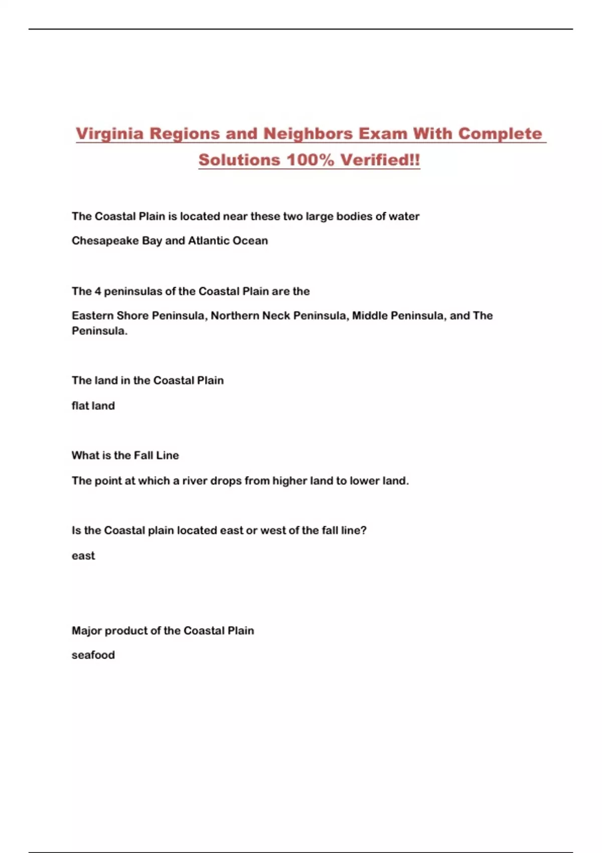 Virginia Regions and Neighbors Exam With Complete Solutions 100% ...