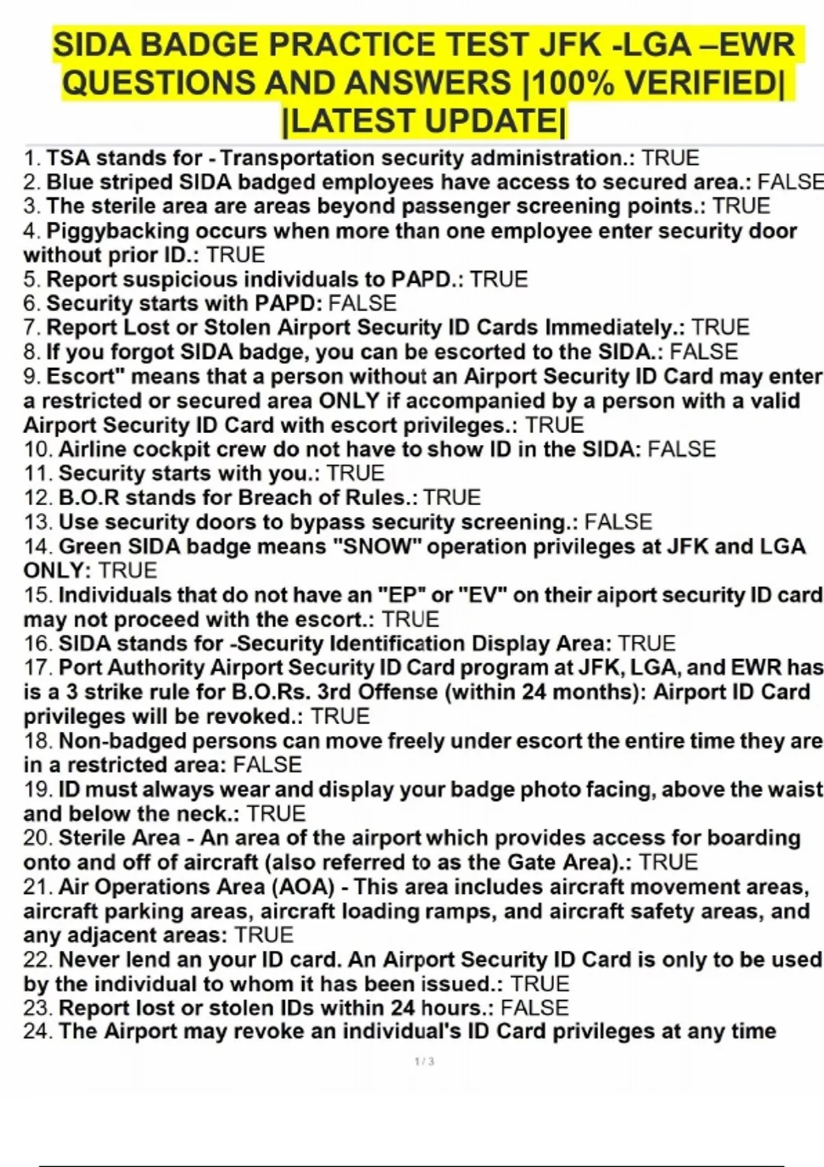 SIDA BADGE PRACTICE TEST JFK -LGA –EWR QUESTIONS AND ANSWERS |100% ...