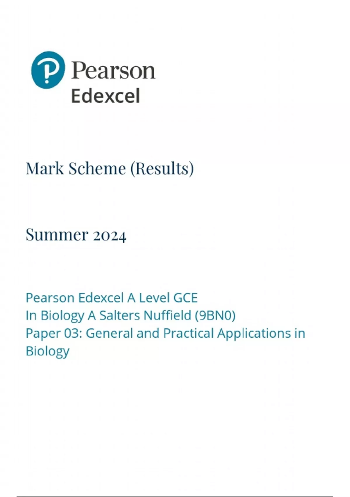 Pearson Edexcel A Level GCE In Biology A Salters Nuffield (9BN0) Paper ...