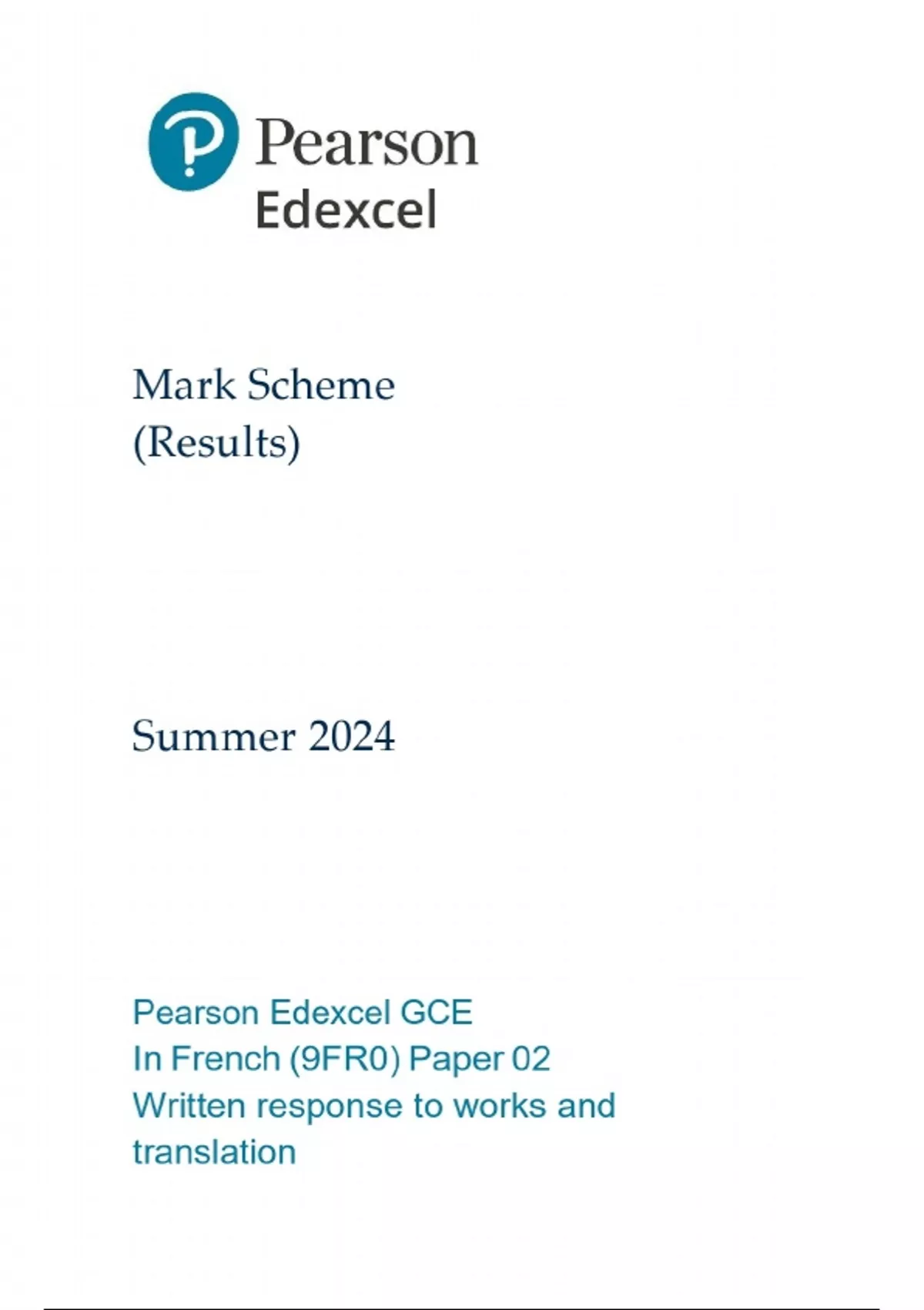 Pearson Edexcel GCE In French (9FR0) Paper 02 Written response to works ...