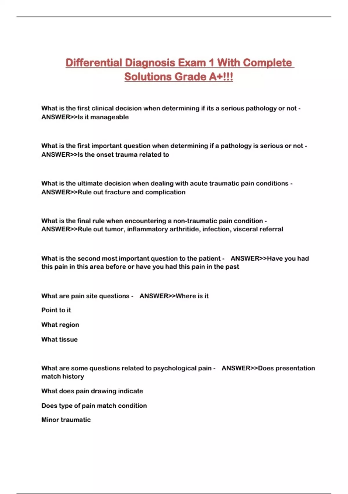 Differential Diagnosis Exam 1 With Complete Solutions Grade A+ ...
