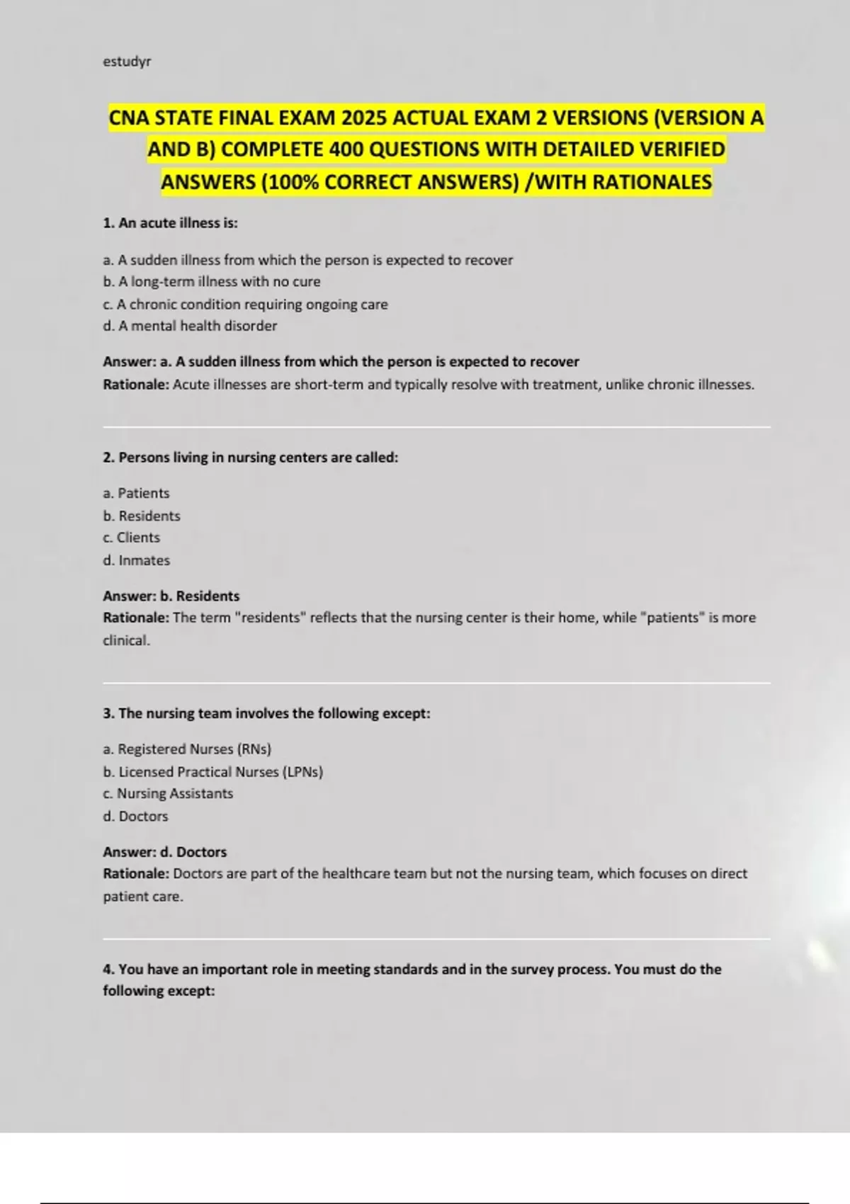 CNA STATE FINAL EXAM 2025 ACTUAL EXAM 2 VERSIONS (VERSION A AND B) COMPLETE 400 QUESTIONS WITH ...