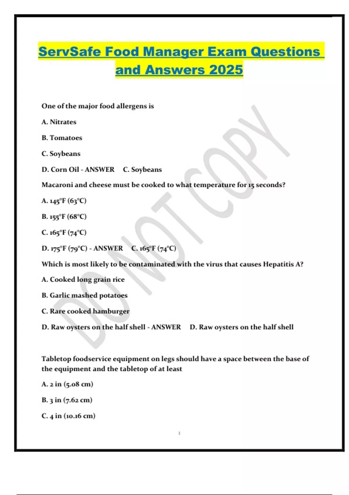 ServSafe Food Manager Exam Questions and Answers 2025. - Food Handler ...