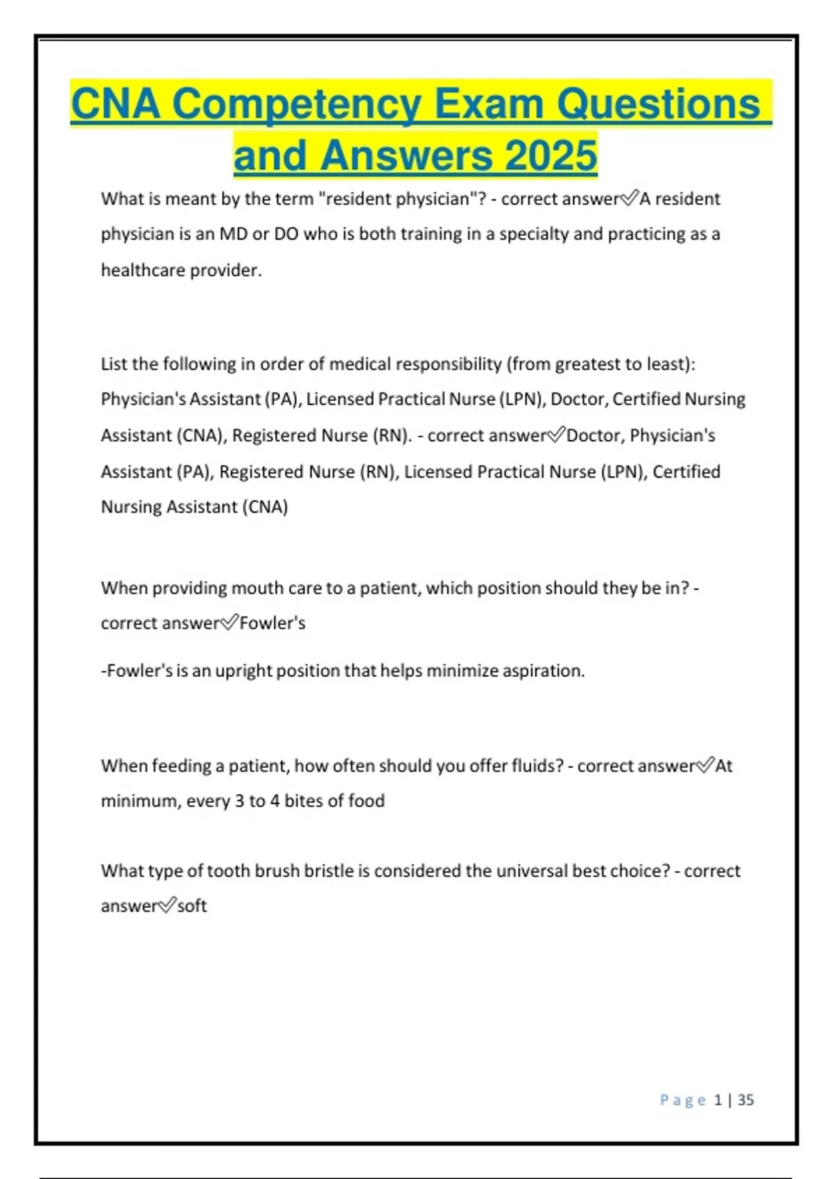 CNA Competency Exam Questions and Answers 2025. - CNA - Certified ...