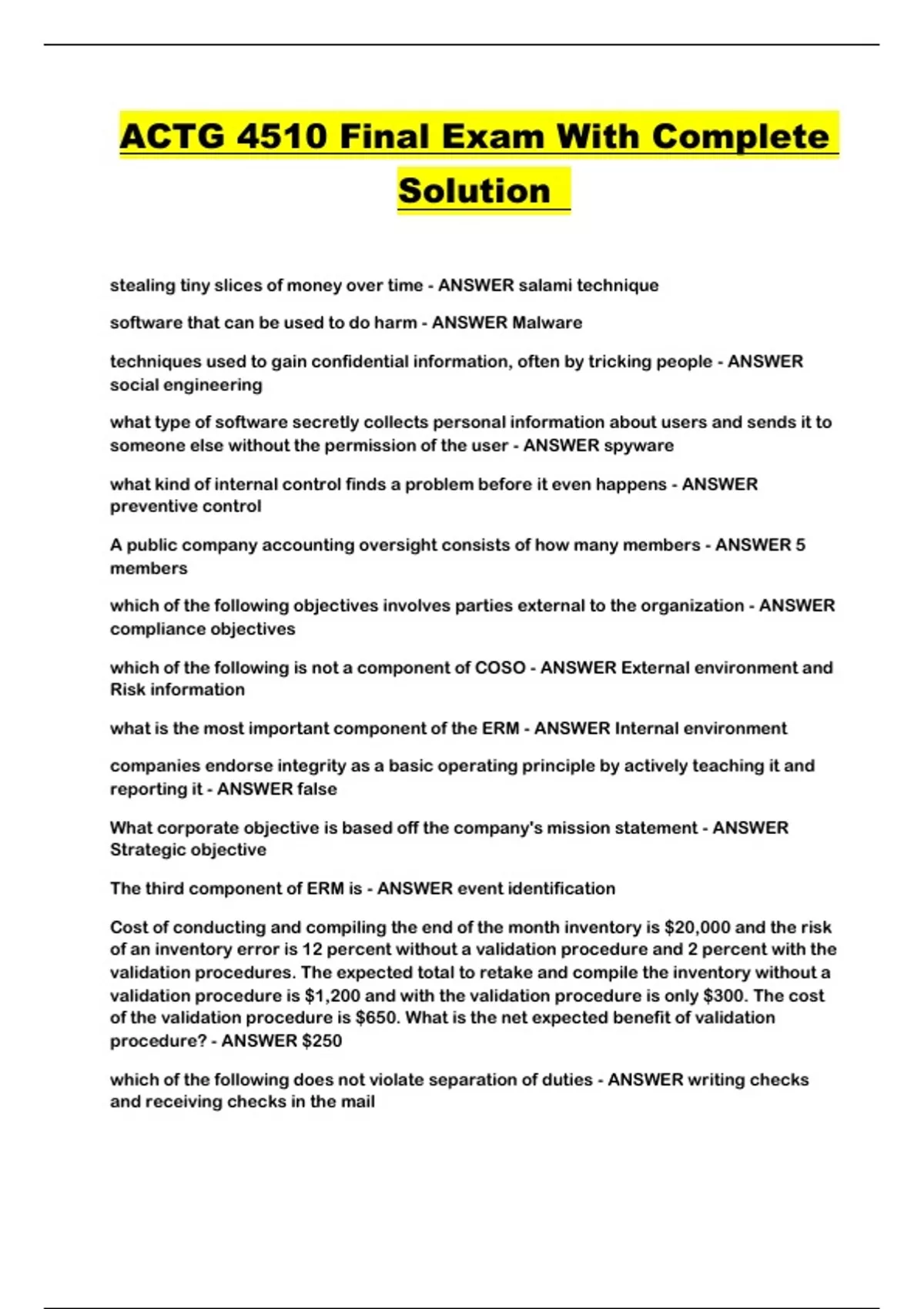 ACTG 4510 Final Exam With Complete Solution - ACTG 4510 - Stuvia US