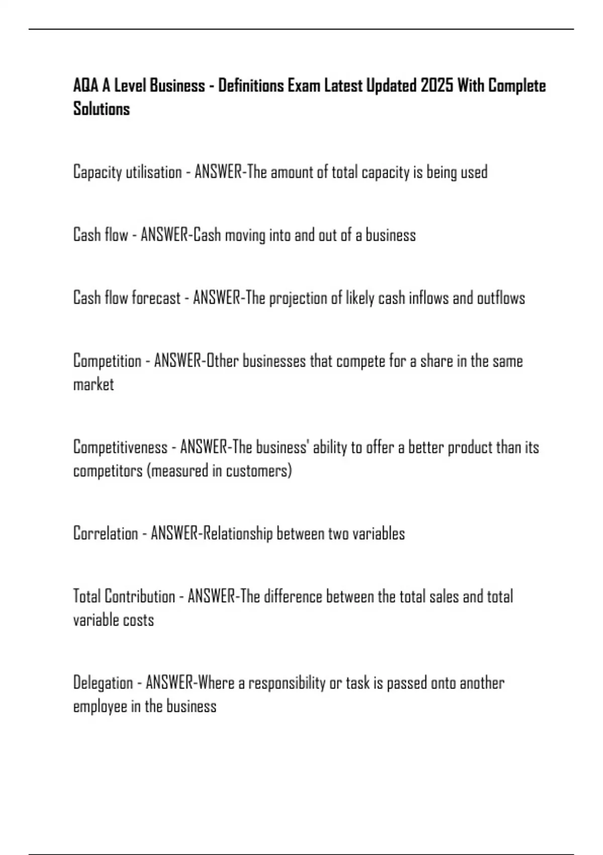 AQA A Level Business - Definitions Exam Latest Updated 2025 With ...