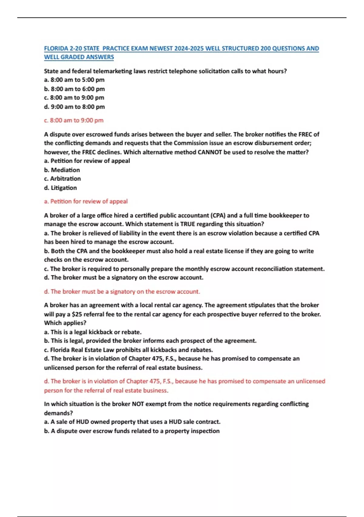 FLORIDA 2-20 STATE PRACTICE EXAM NEWEST WELL STRUCTURED 200 QUESTIONS ...