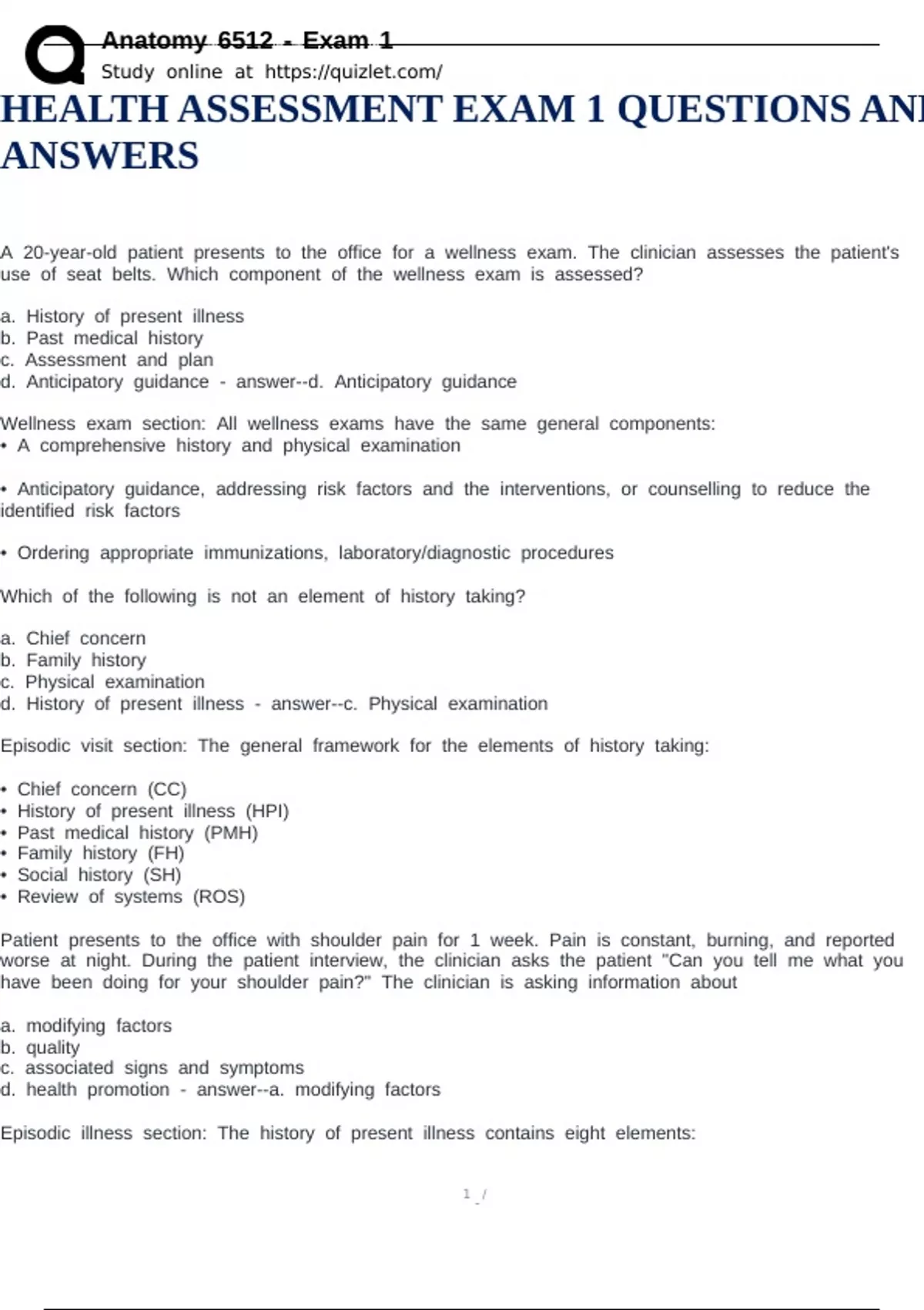 HEALTH ASSESSMENT EXAM 1 QUESTIONS AND ANSWERS - ACTUAL COMPREHENSIVE I ...