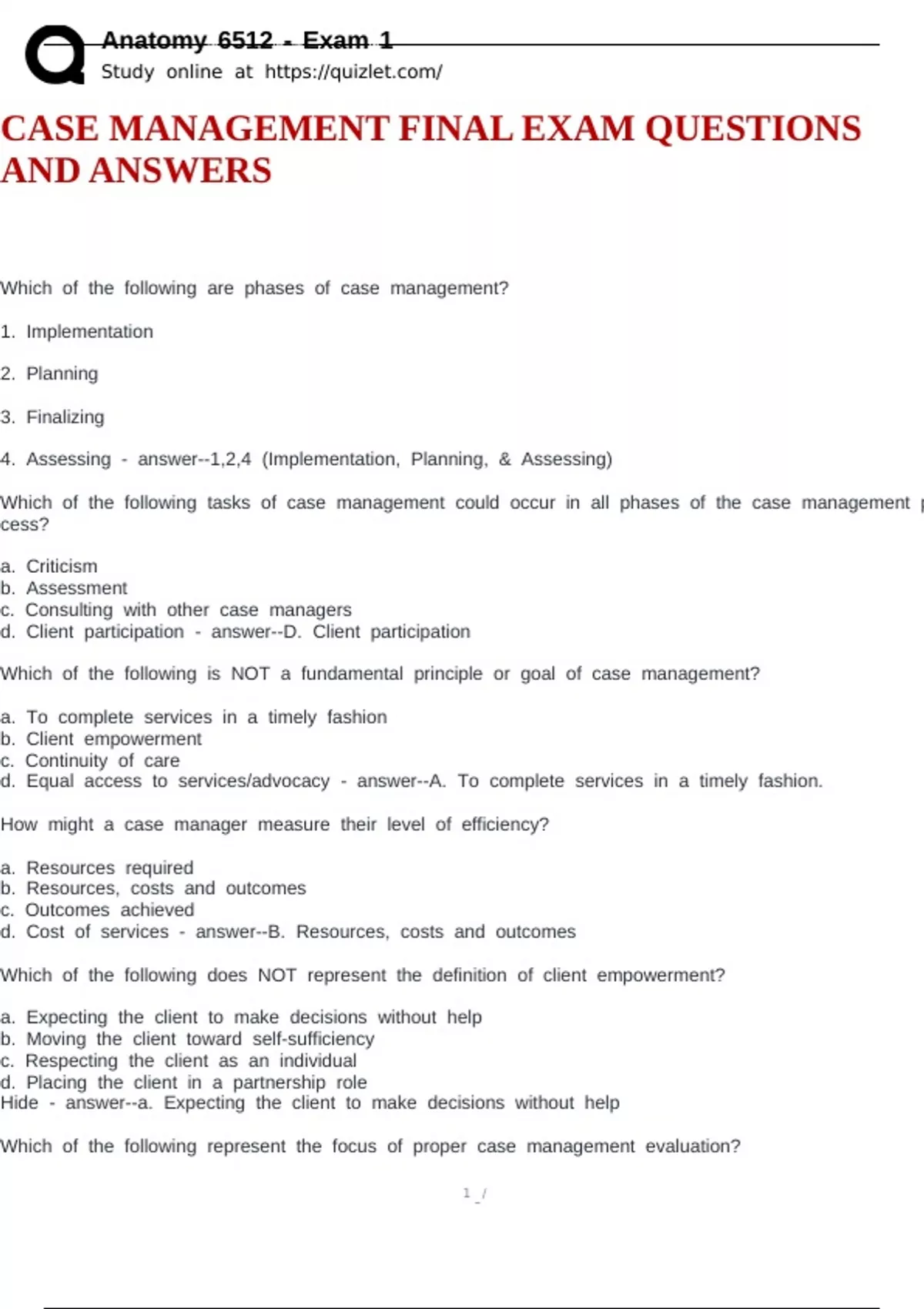 CASE MANAGEMENT FINAL EXAM QUESTIONS AND ANSWERS - ACTUAL COMPREHENSIVE I HUMAN CASE WE - Stuvia US