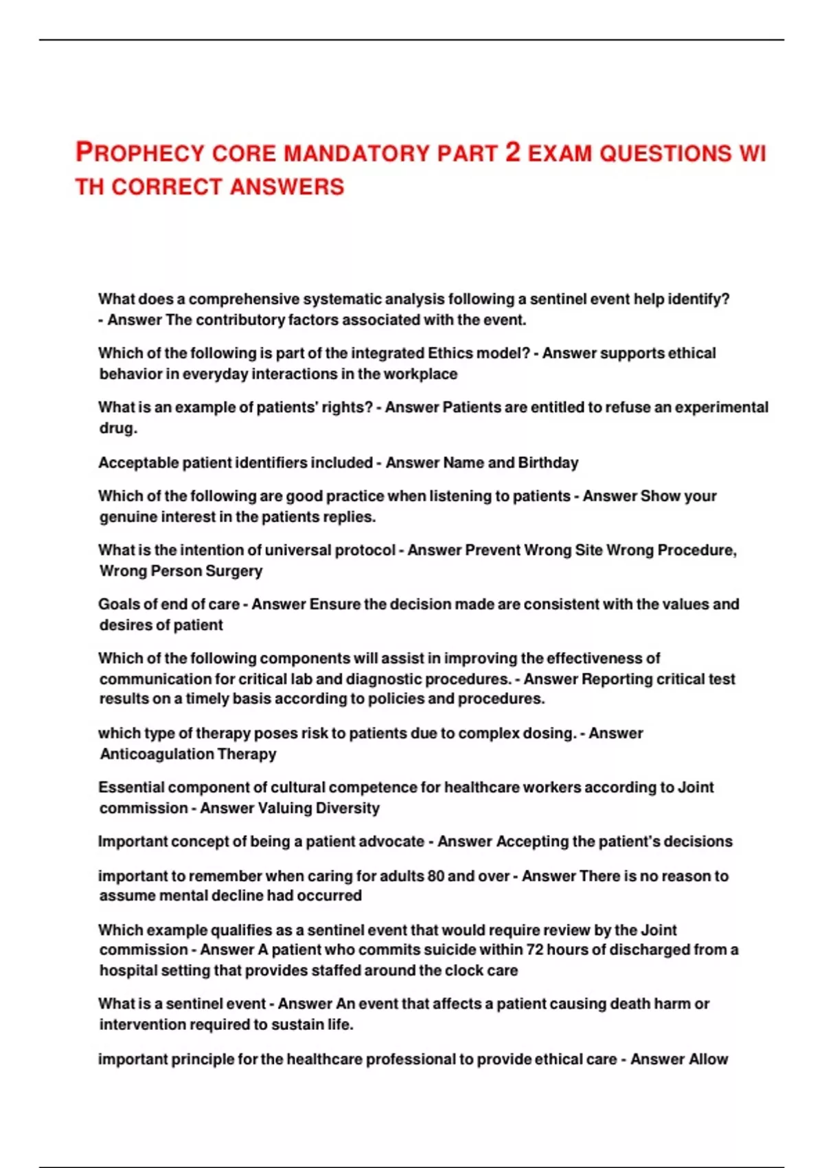 PROPHECY CORE MANDATORY PART 2 EXAM QUESTIONS WITH CORRECT ANSWERS ...