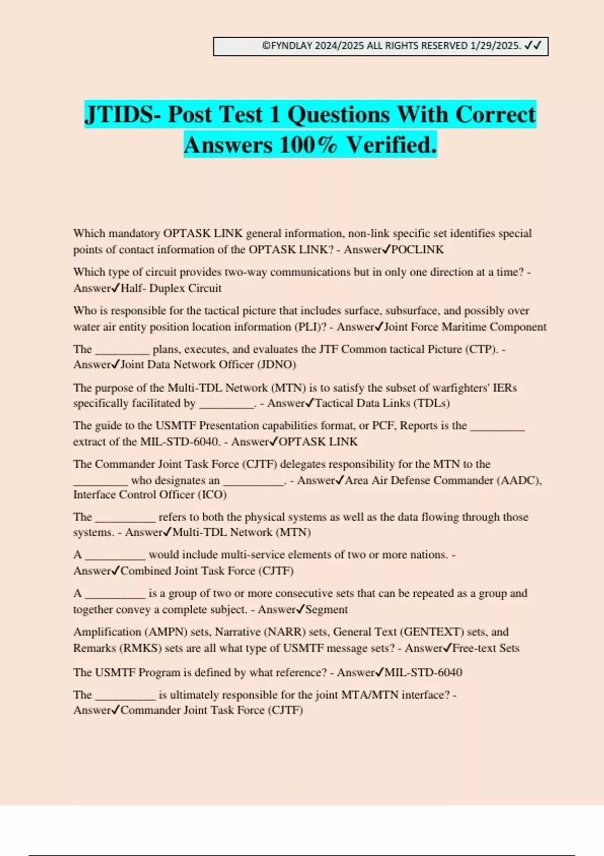 JTIDS- Post Test 1 Questions With Correct Answers 100% Verified ...