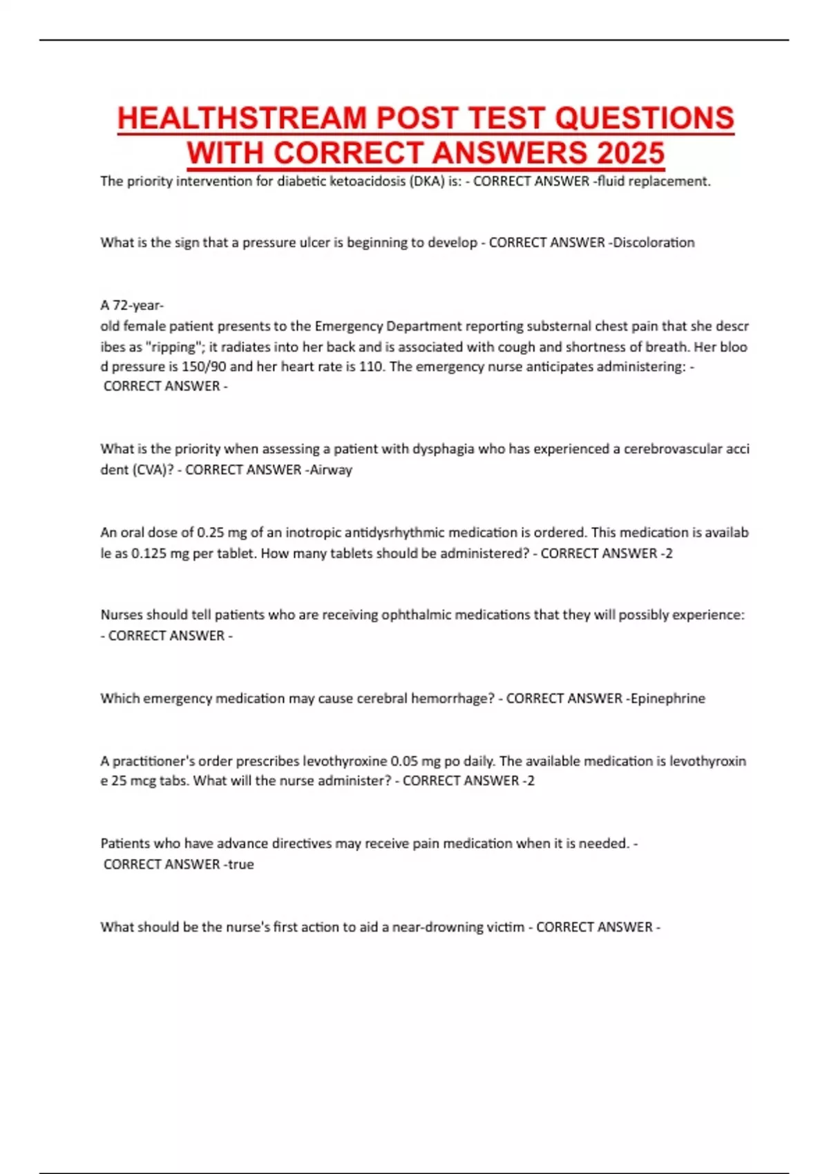 HEALTHSTREAM POST TEST QUESTIONS WITH CORRECT ANSWERS 2025 ...