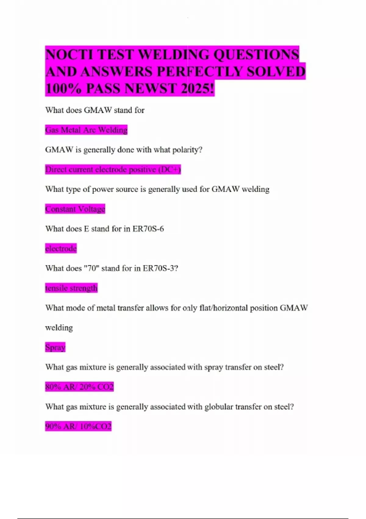 NOCTI TEST WELDING QUESTIONS AND ANSWERS PERFECTLY SOLVED 100% PASS ...