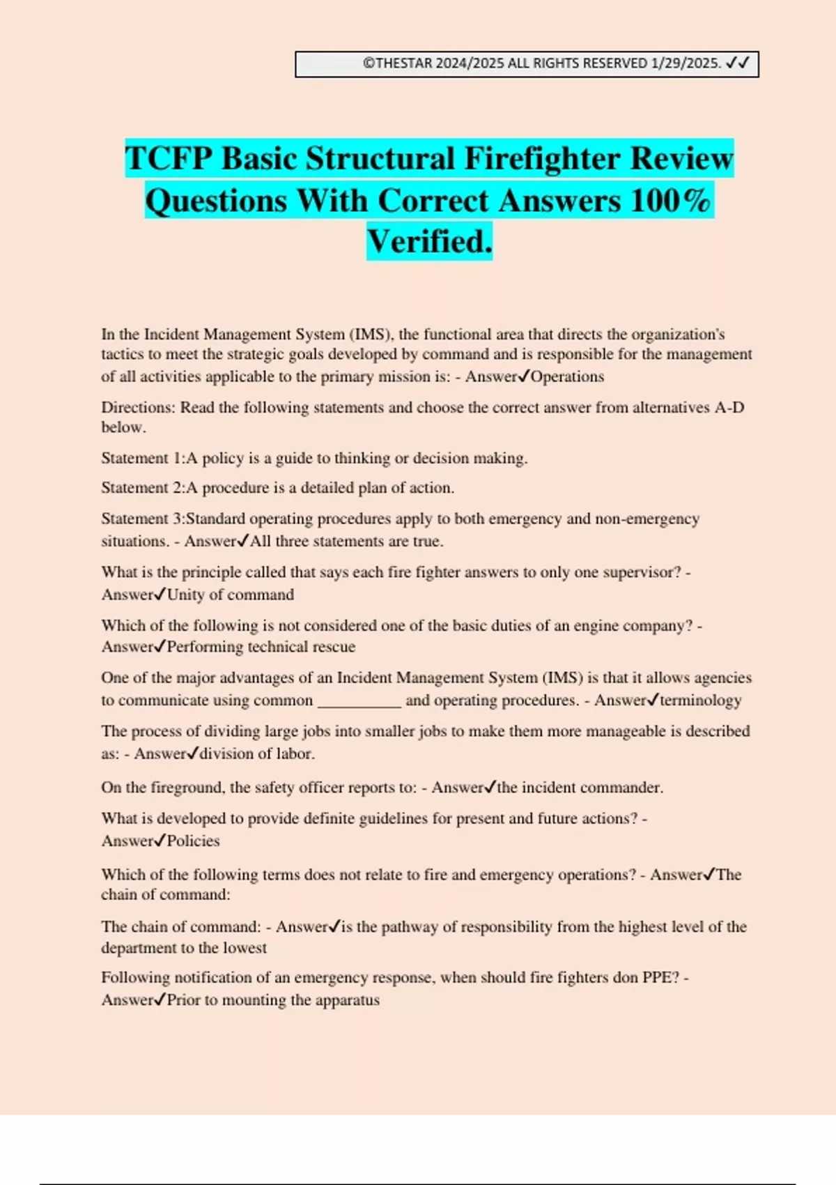 TCFP Basic Structural Firefighter Review Questions With Correct Answers ...