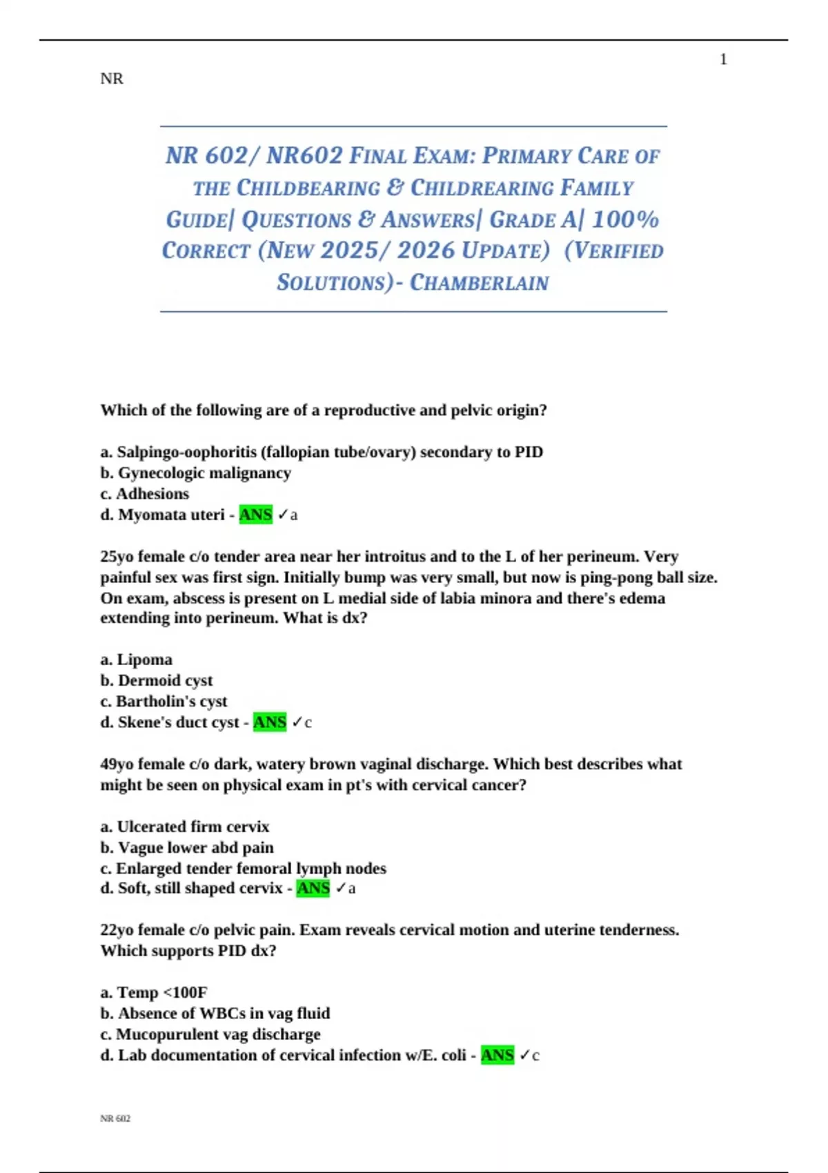 NR602 – Primary Care of the Childbearing & Childrearing Family Final Exam Guide | Verified ...