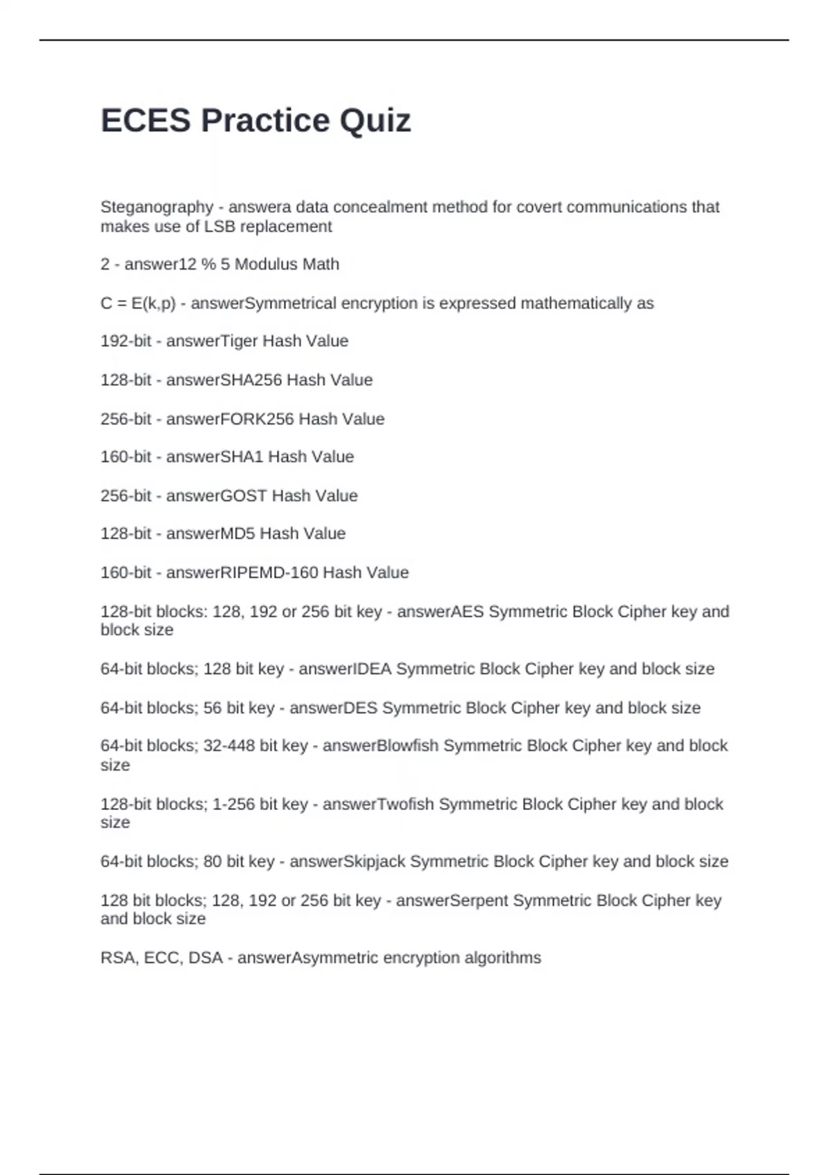 ECES Practice Quiz Questions with Solutions - Ece - Stuvia US