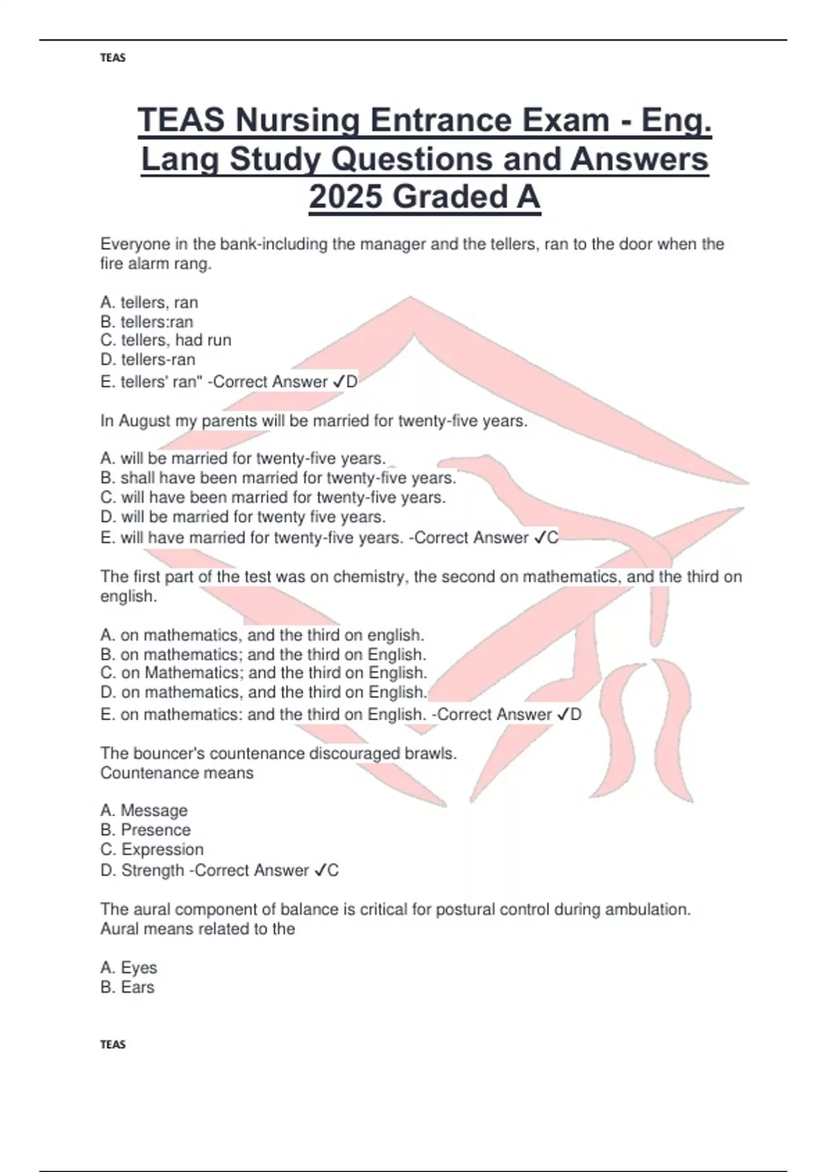 TEAS Nursing Entrance Exam - Eng. Lang Study Questions and Answers 2025 ...