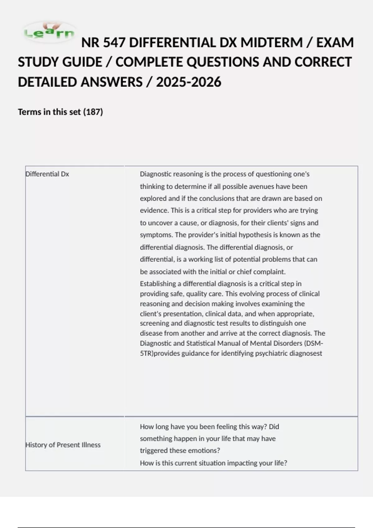 NR 547 DIFFERENTIAL DX MIDTERM / EXAM STUDY GUIDE / COMPLETE QUESTIONS AND CORRECT DETAILED ...